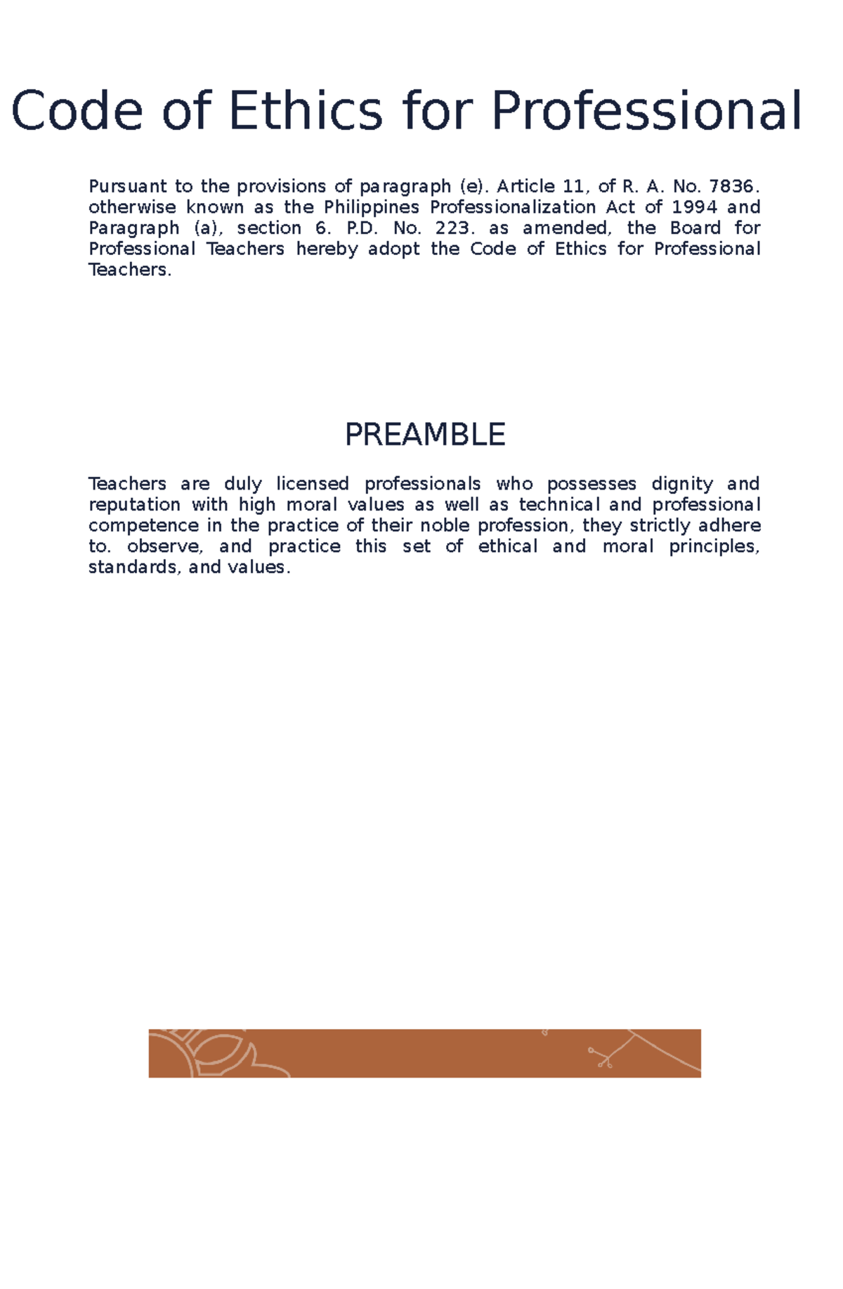 Code of ethics - his Code covers all public and private school teachers ...