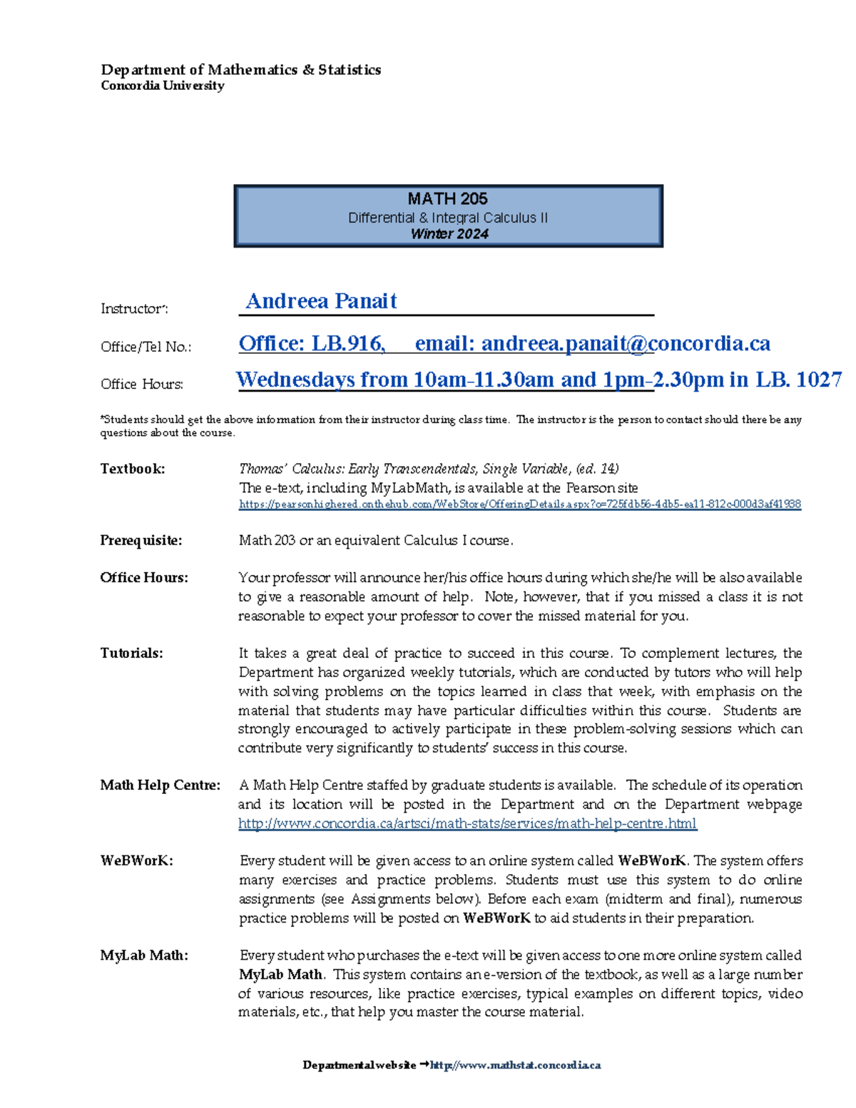 Course Outline - MATH 205 (Winter 2024) - Departmental website mathstat.concordia Department of ...