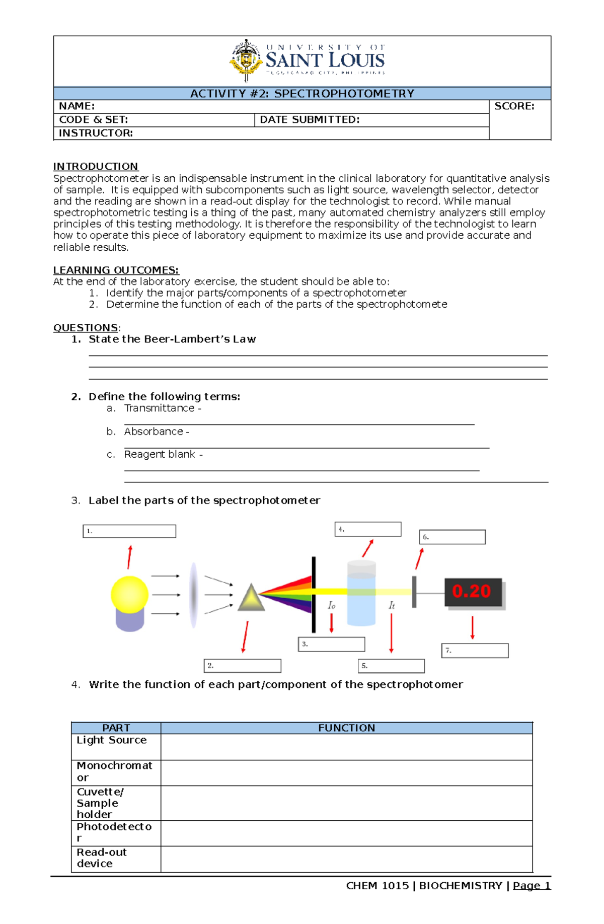 Spectro - ACTIVITY #2: SPECTROPHOTOMETRY NAME: SCORE: CODE & SET: DATE ...