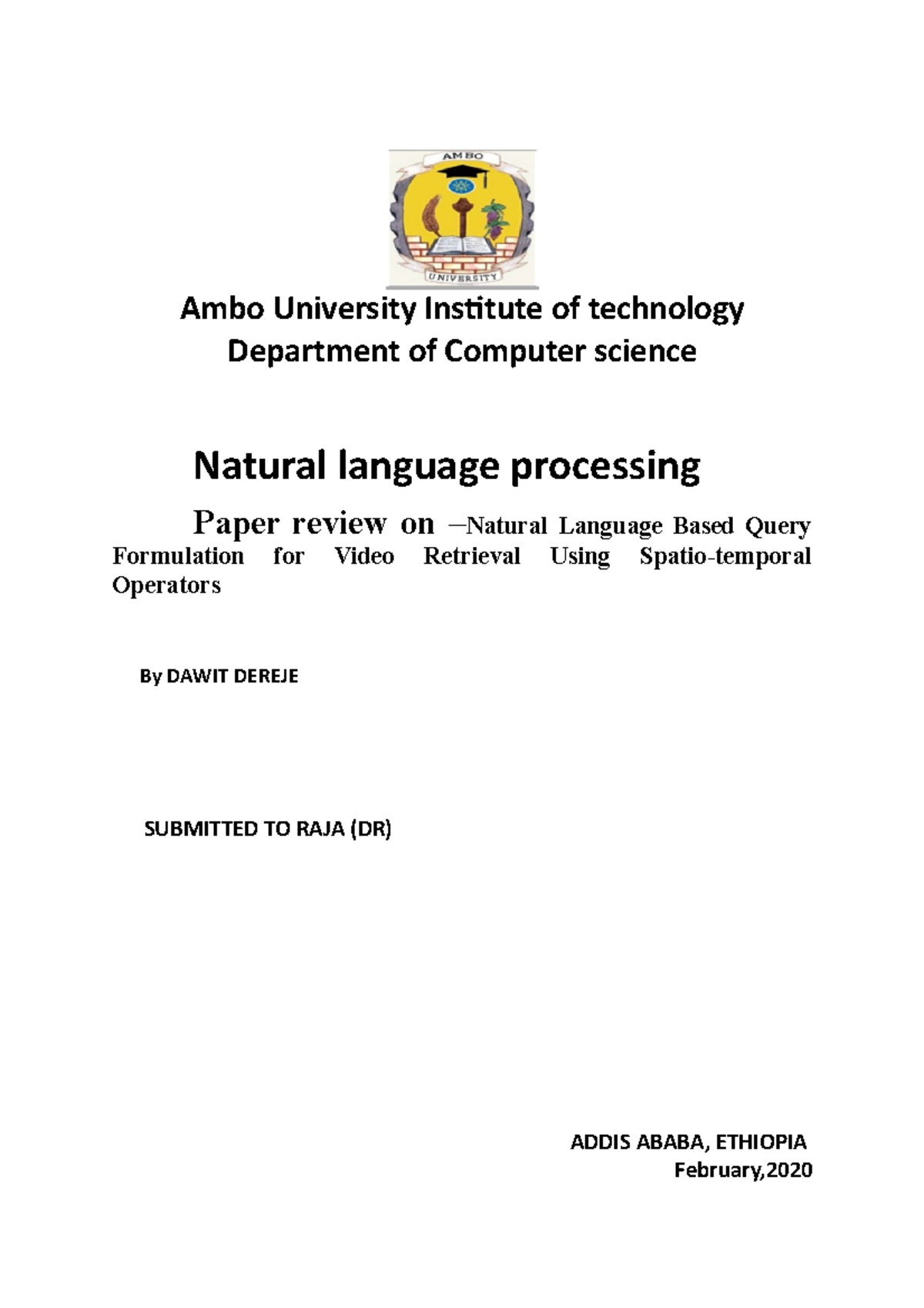 NLP paper review Format - Ambo University Institute of technology Department of Computer - Studocu