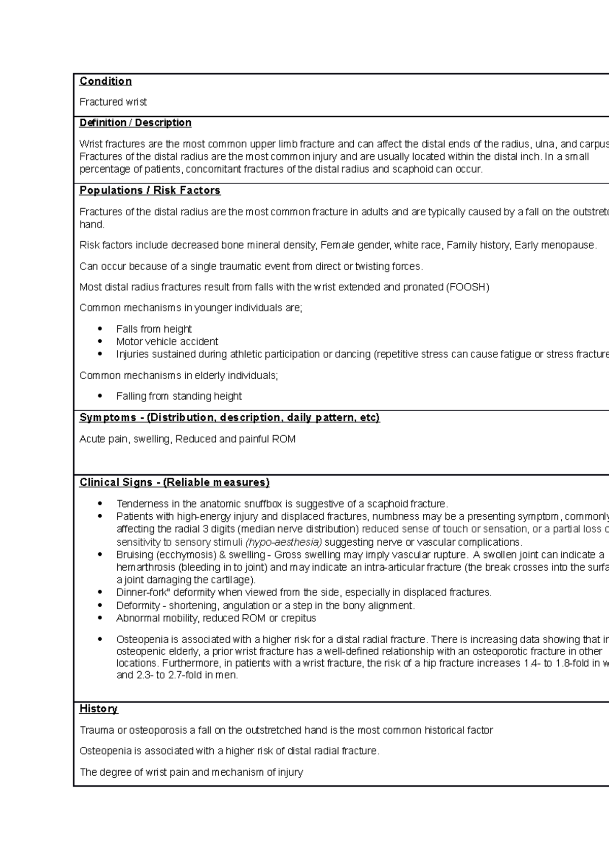 Clinical pattern sheet Common Wrist fracture - Studocu