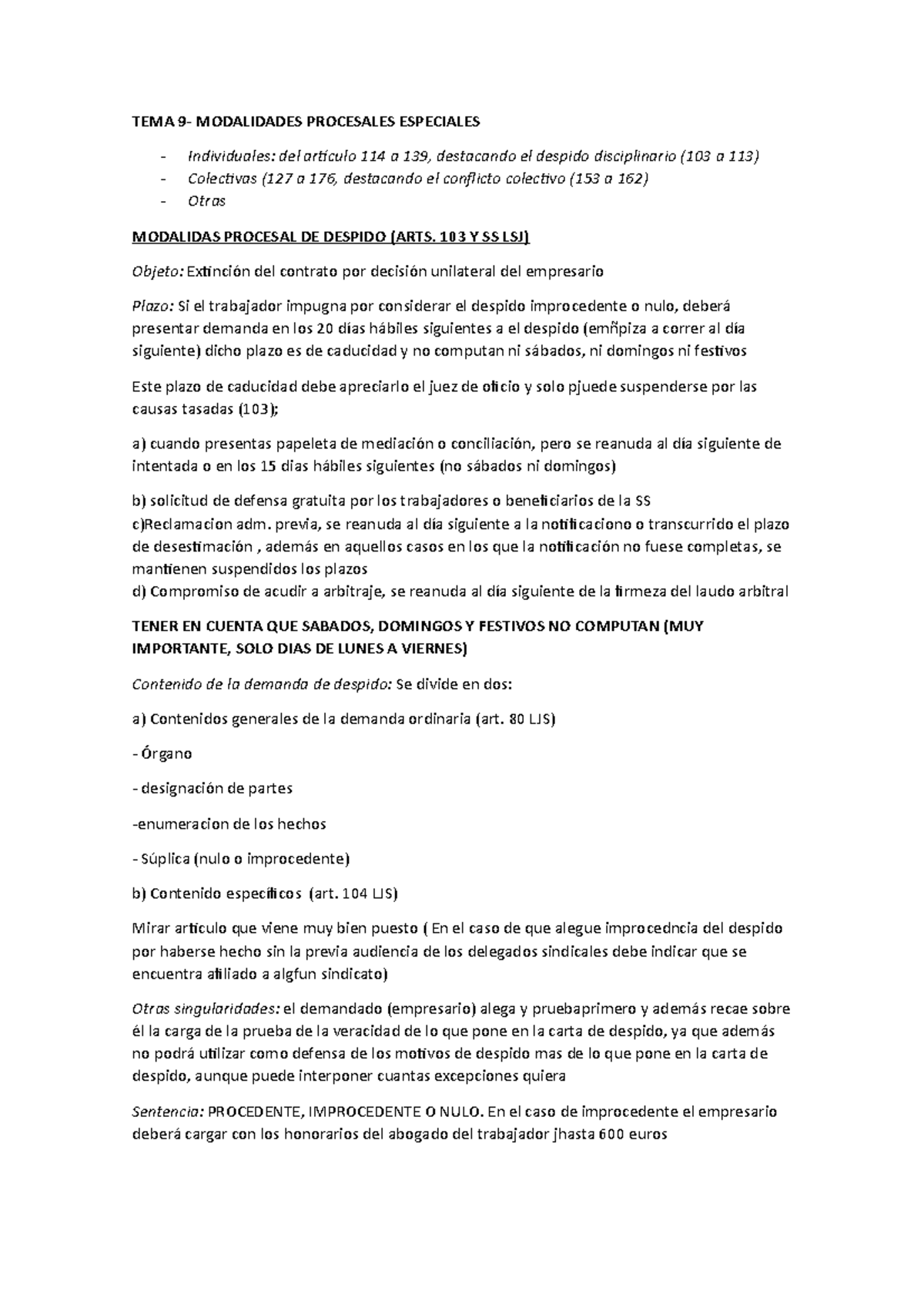 Resumen TEMA 9- Procesos Especiales - TEMA 9- MODALIDADES PROCESALES ...