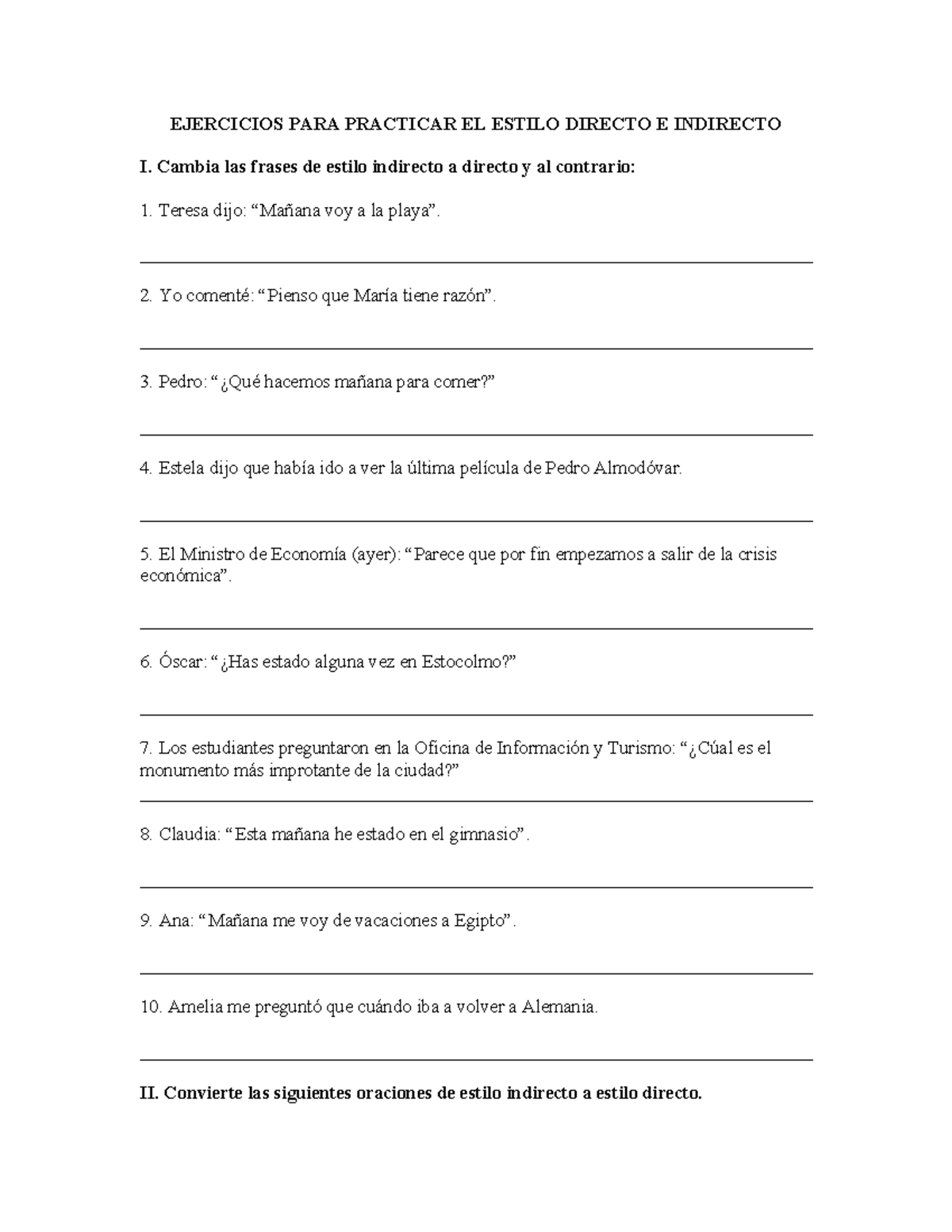 Ejercicios Estilo Directo Indirecto - EJERCICIOS PARA PRACTICAR EL ...