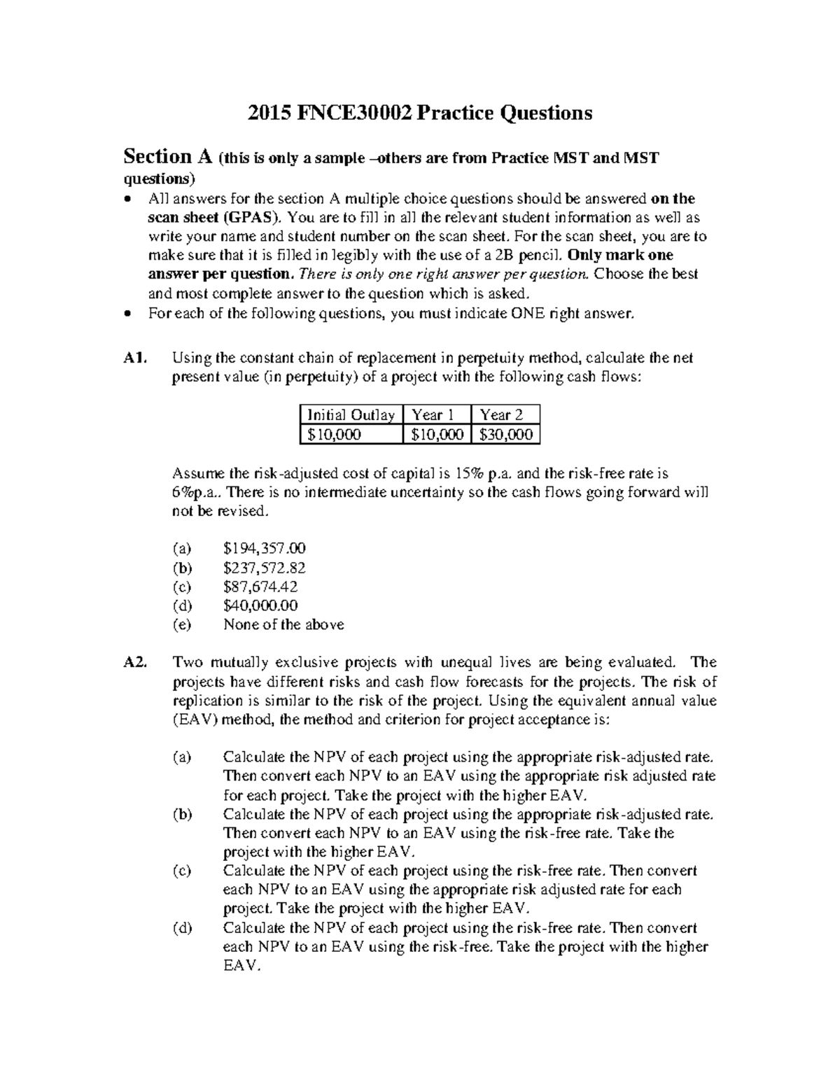 Sample/practice exam 2015, questions - 201 5 FNCE30002 Practice ...