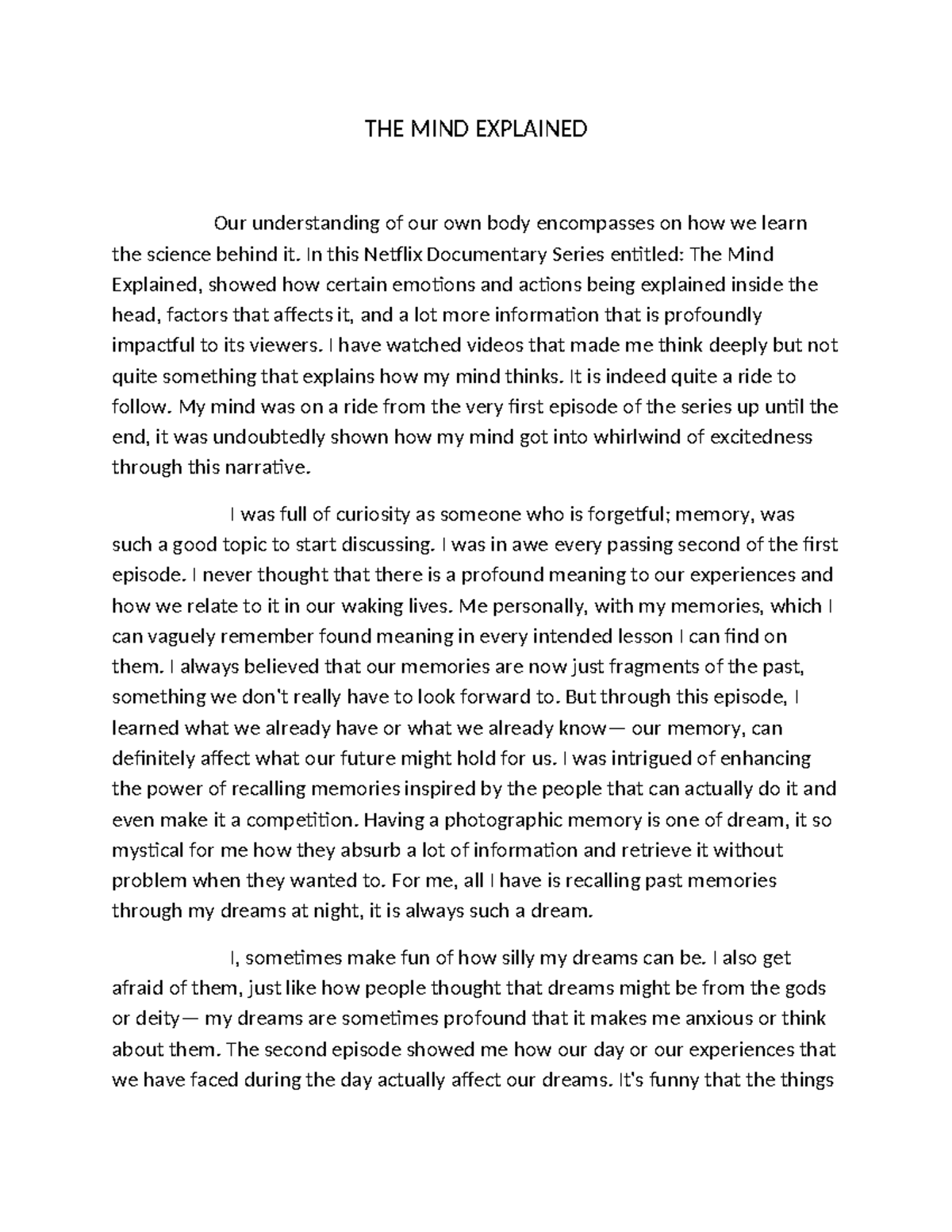 Reaction Paper - EXAMPLE - THE MIND EXPLAINED Our understanding of our ...