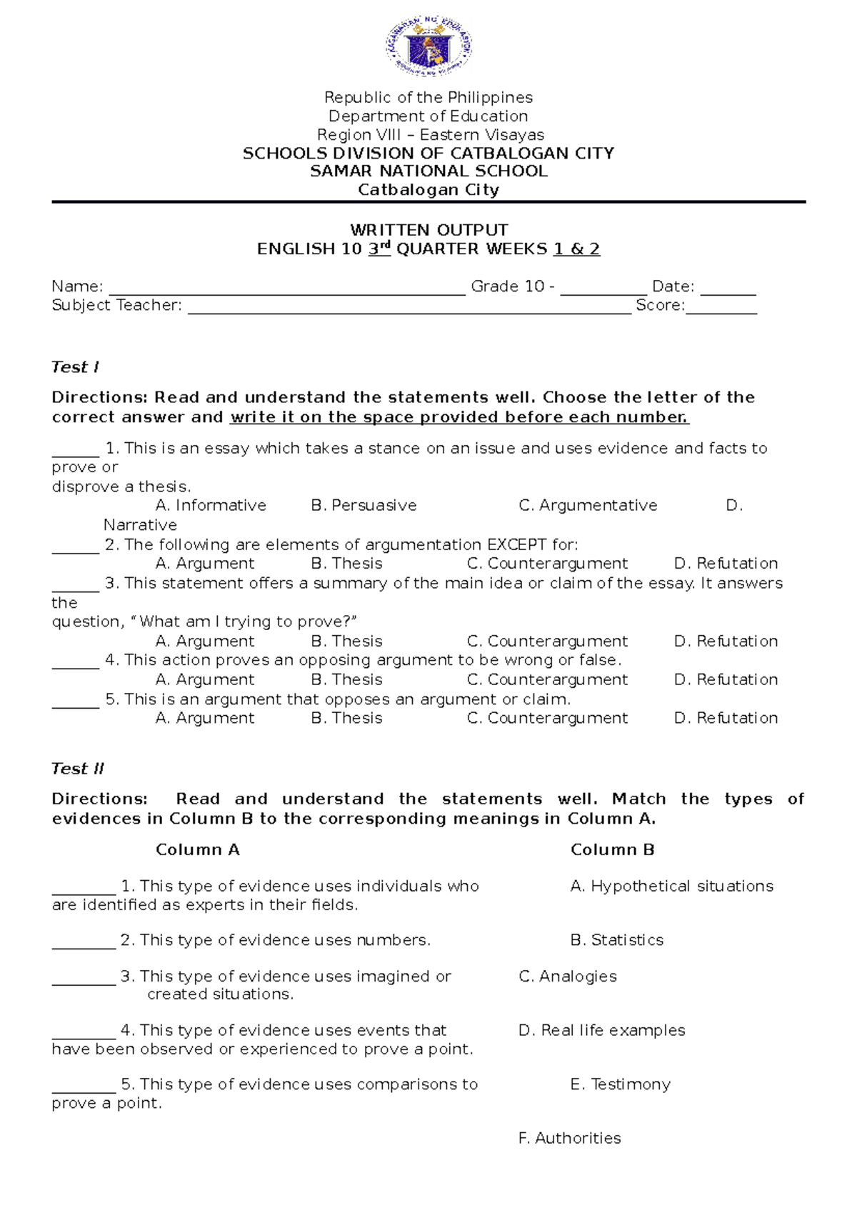 English G10 Written Test 3rd quarter W12 - Republic of the Philippines ...