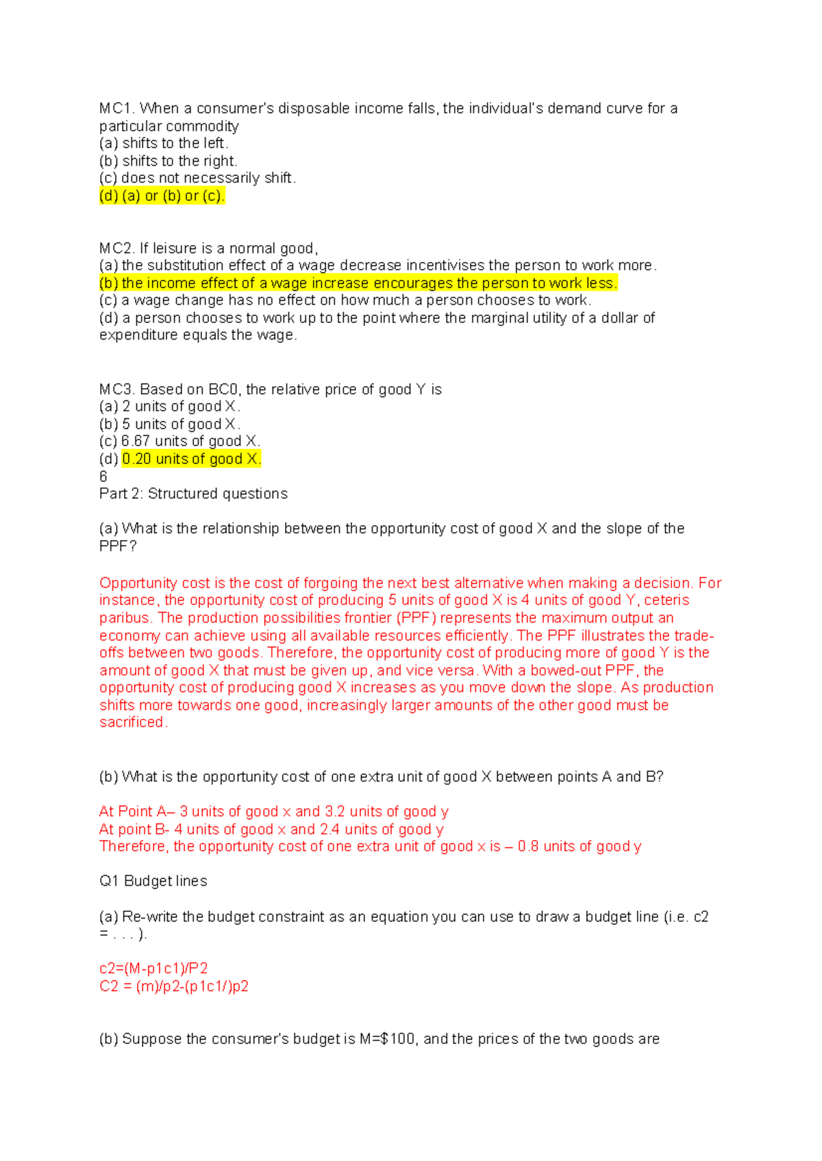 Tutorial two - tut two awnsers - MC1. When a consumer’s disposable ...