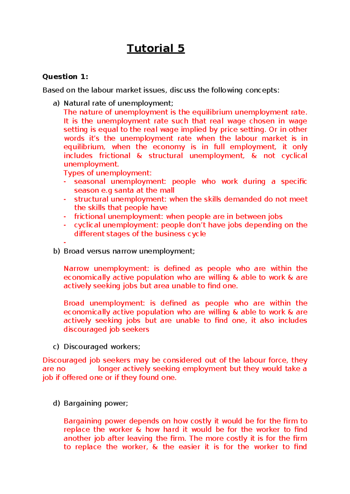 ECO 2A Tutorial 5 - Tutorial 5 Question 1: Based on the labour market ...