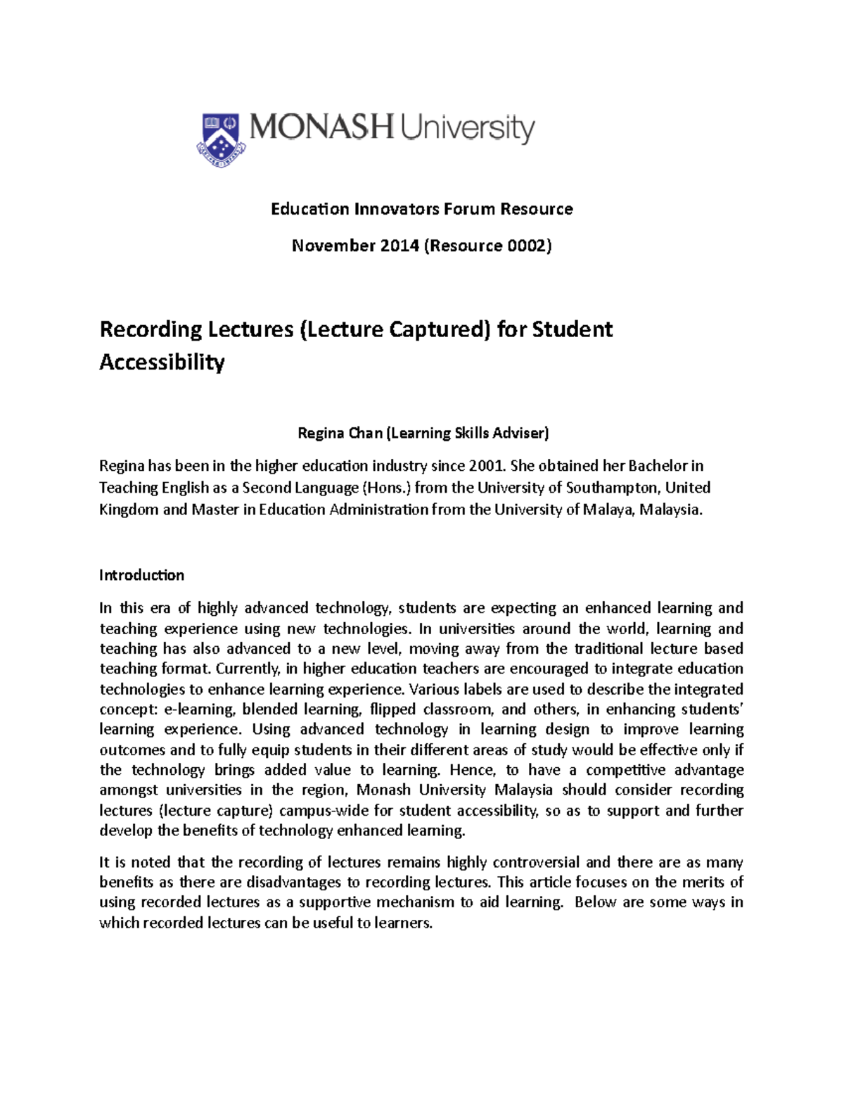 Article on Recording lectures - Education Innovators Forum Resource ...