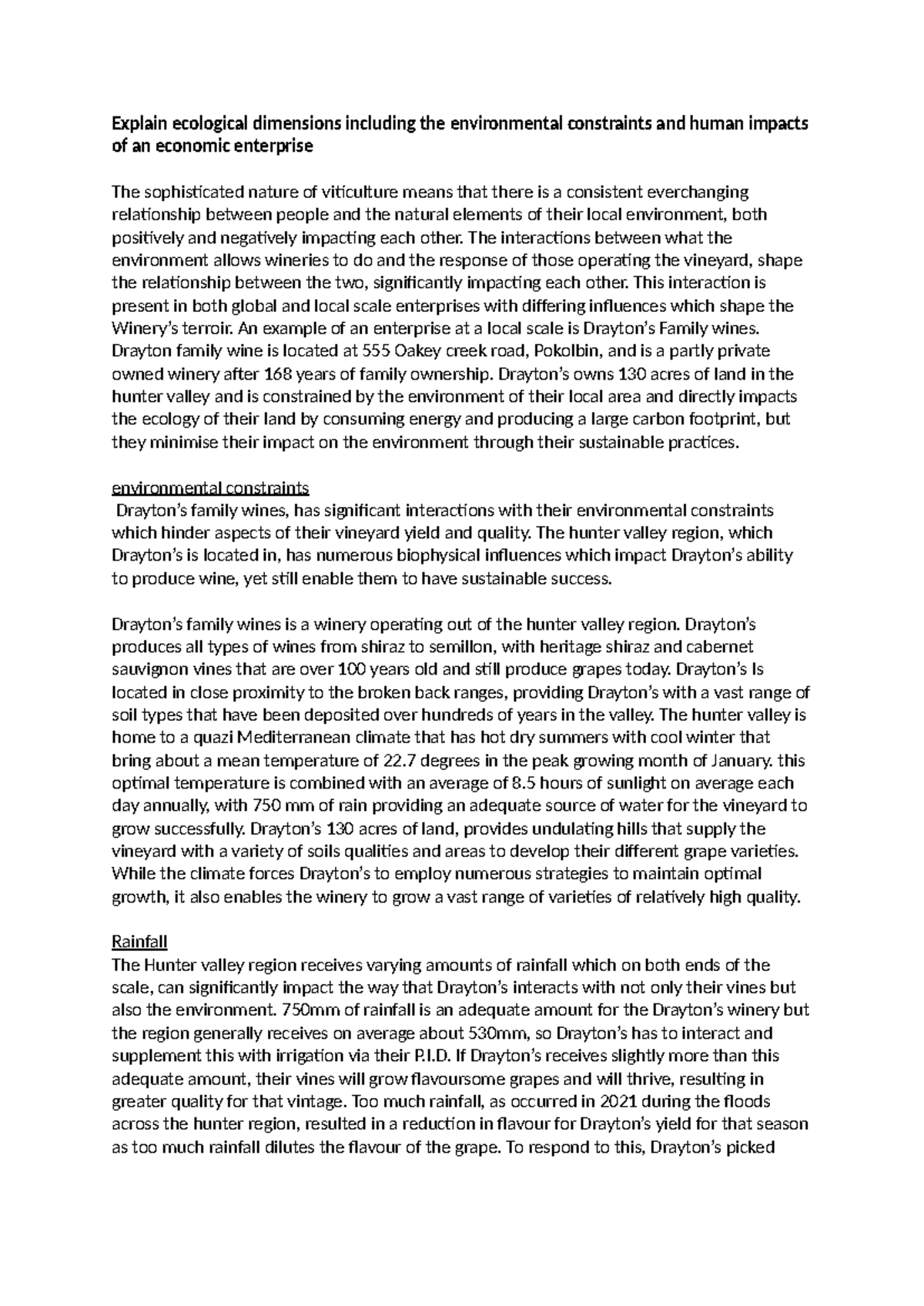 ecological dimensions and human impacts drayton family wines essay ...