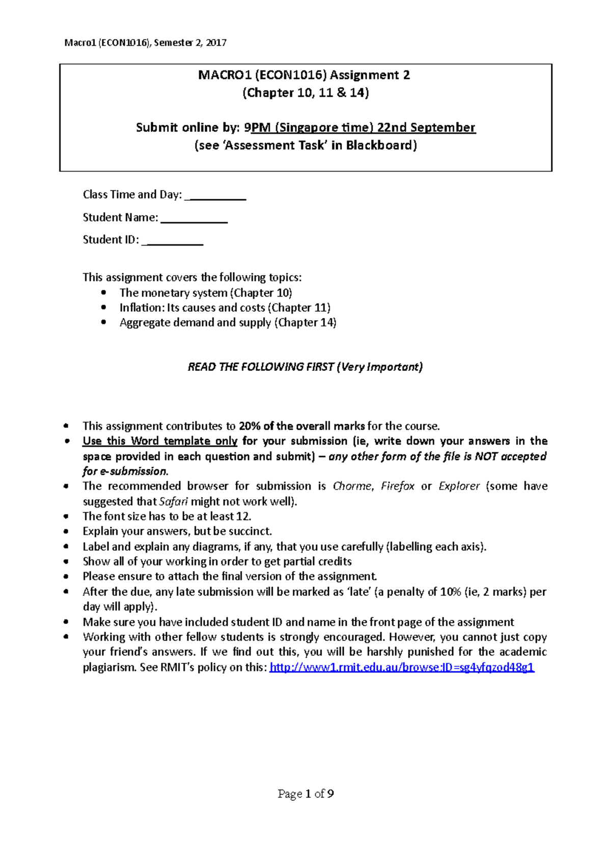 Assignment 2 (19 marks) - MACRO1 (ECON1016) Assignment 2 (Chapter 10 ...