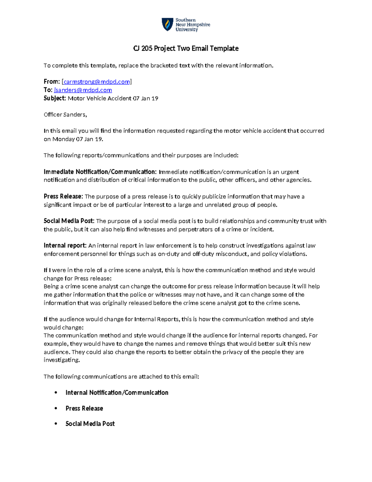 CJ 205 Project Two Email - From: [carmstrong@mdpd] To: jsanders@mdpd ...