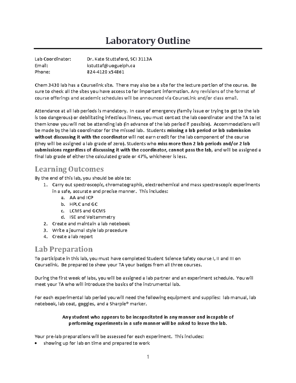 Chem 3430 Lab Outline F23 - Laboratory Outline Lab Coordinator: Dr ...
