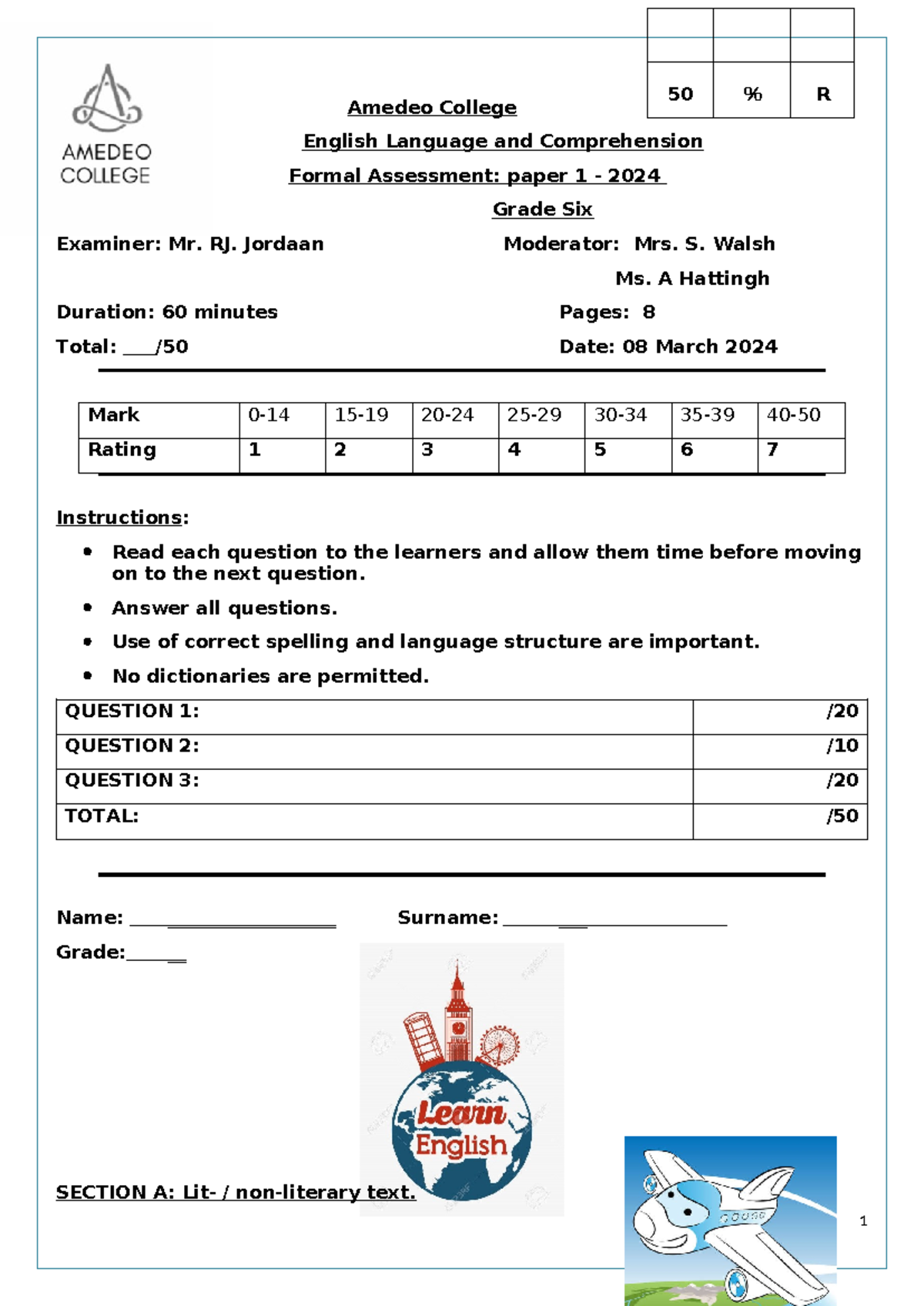 Language & Comprehension T1 Exams Grade 6 - Amedeo College English ...