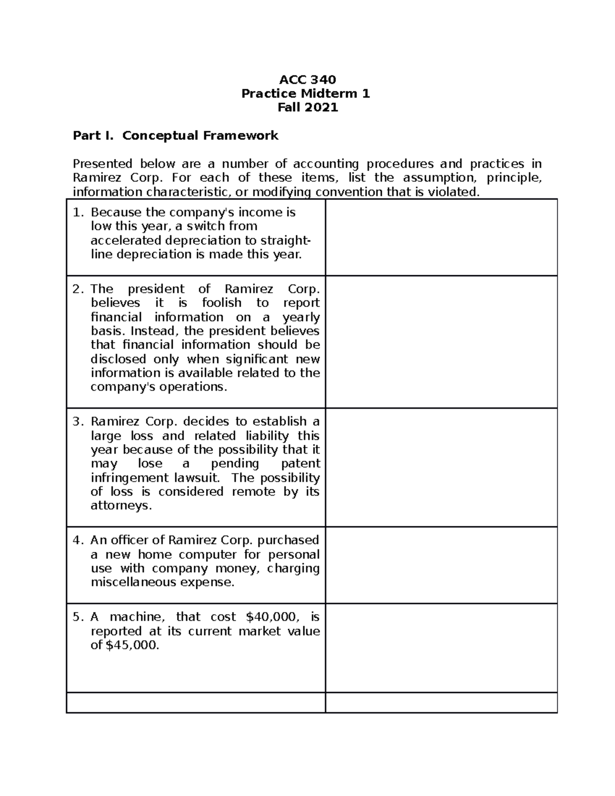 Practice ACC 340 MT 1 F21 - ACC 340 Practice Midterm 1 Fall 2021 Part I ...