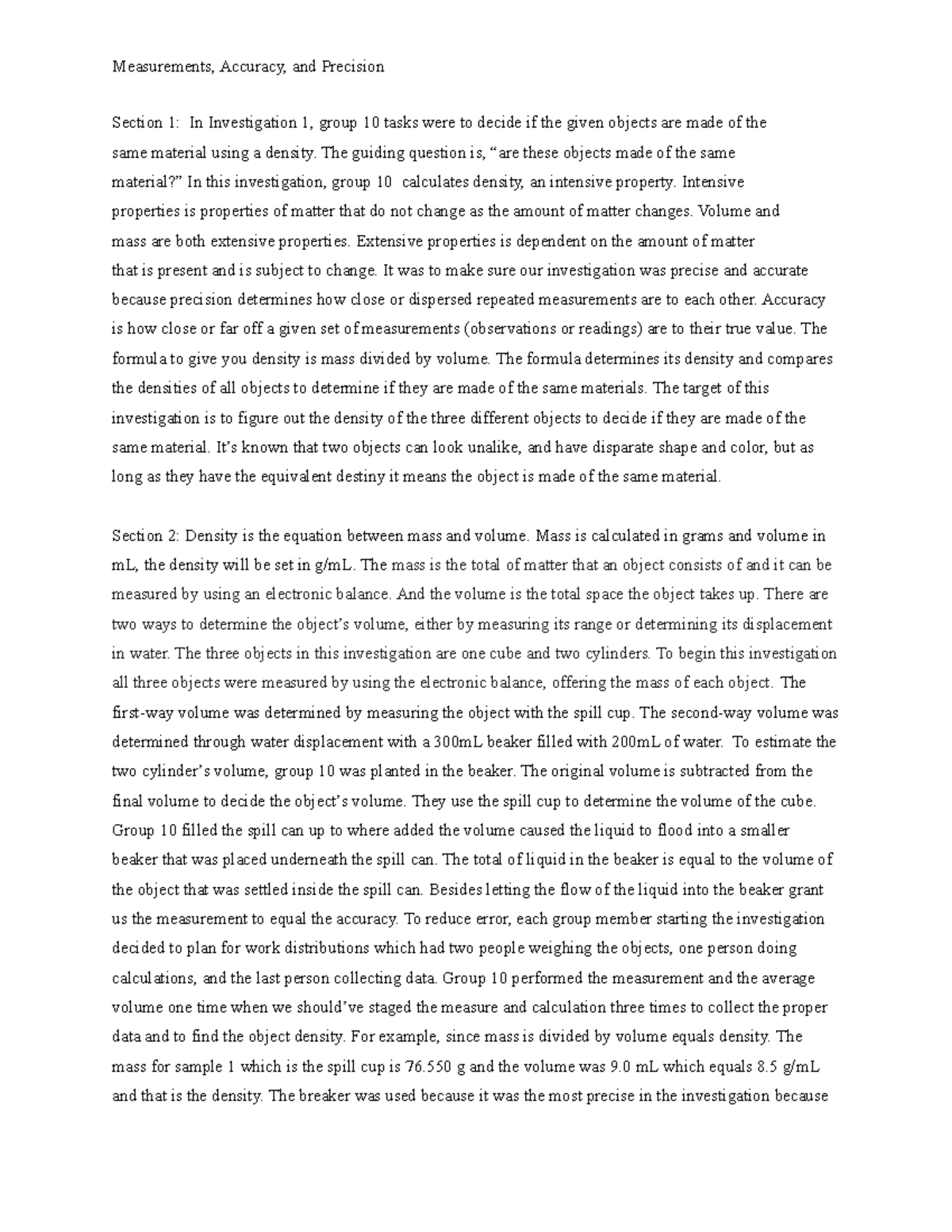 Chem 1151 Lab Reports - Measurements, Accuracy, and Precision Section 1 ...