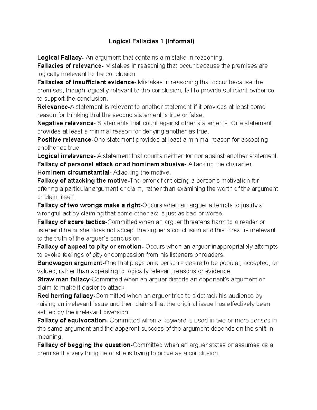 PHI chapter 5 notes - Logical Fallacies 1 (Informal) Logical Fallacy ...