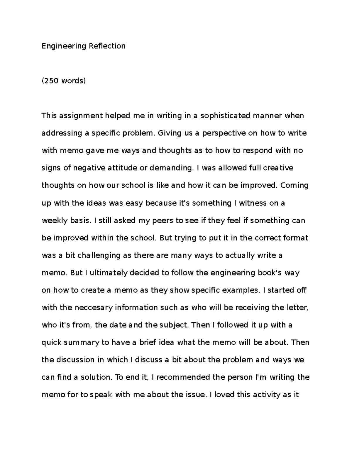 Final Engineering Reflection - Engineering Reflection (250 words) This ...
