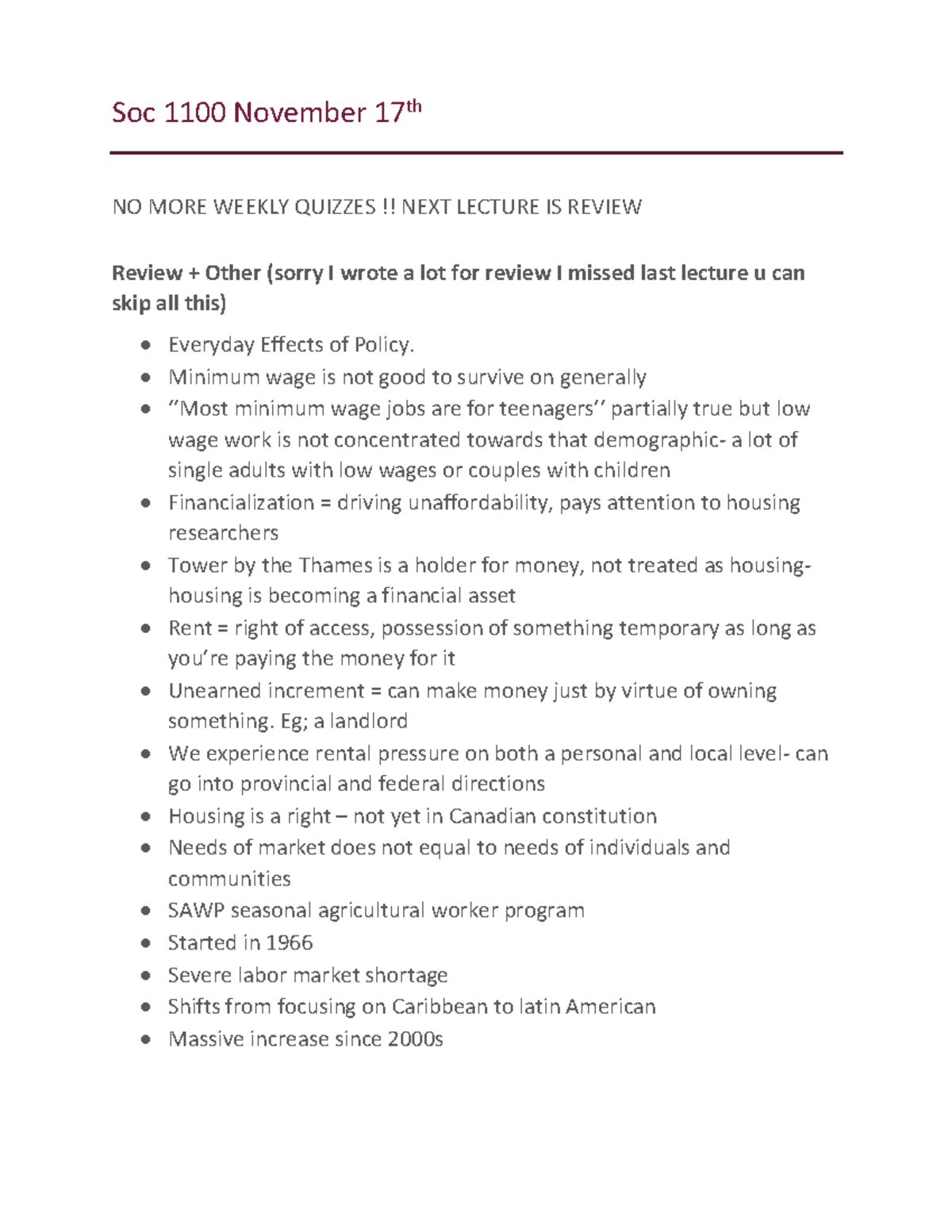 Soc 1100 Notes - Nov 17th - Soc 1100 November 17th NO MORE WEEKLY ...