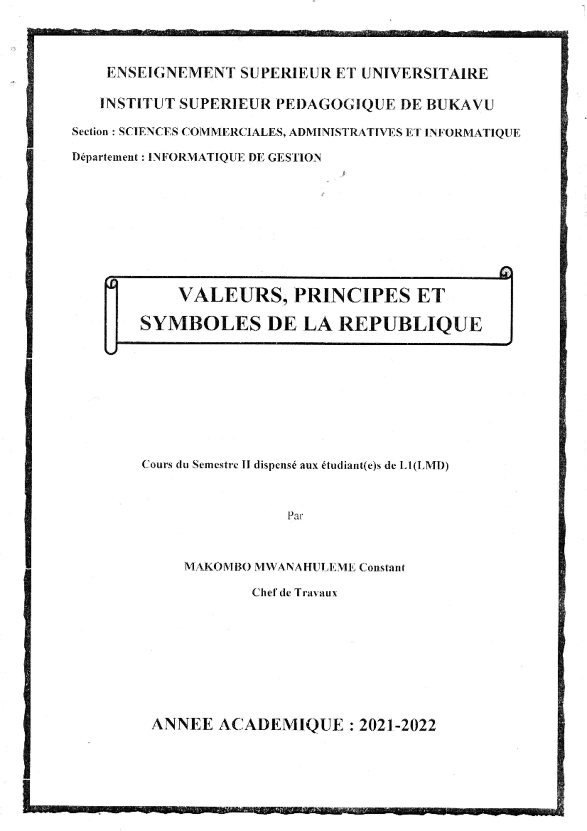 Valaeur, Principe ET Symbole DE LA RDC BAC 1 IG20221116 000004 - Valeurs , principes et symboles ...