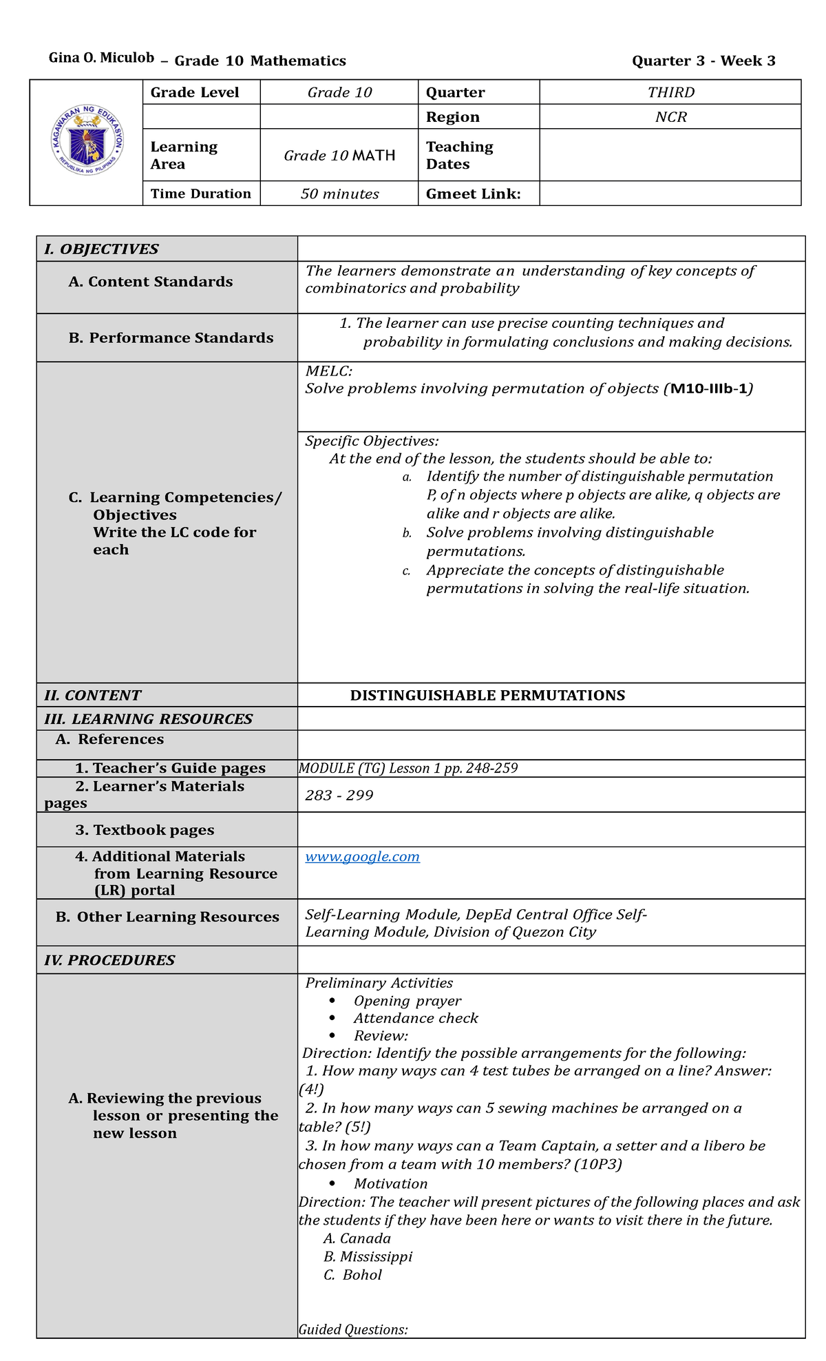 Demo-DLP- Miculob-2023 - Gina O. Miculob – Grade 10 Mathematics Quarter 3 - Week 3 Grade Level ...