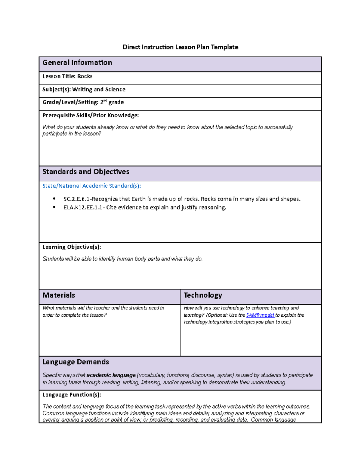 Human body - lesson plan - Direct Instruction Lesson Plan Template ...