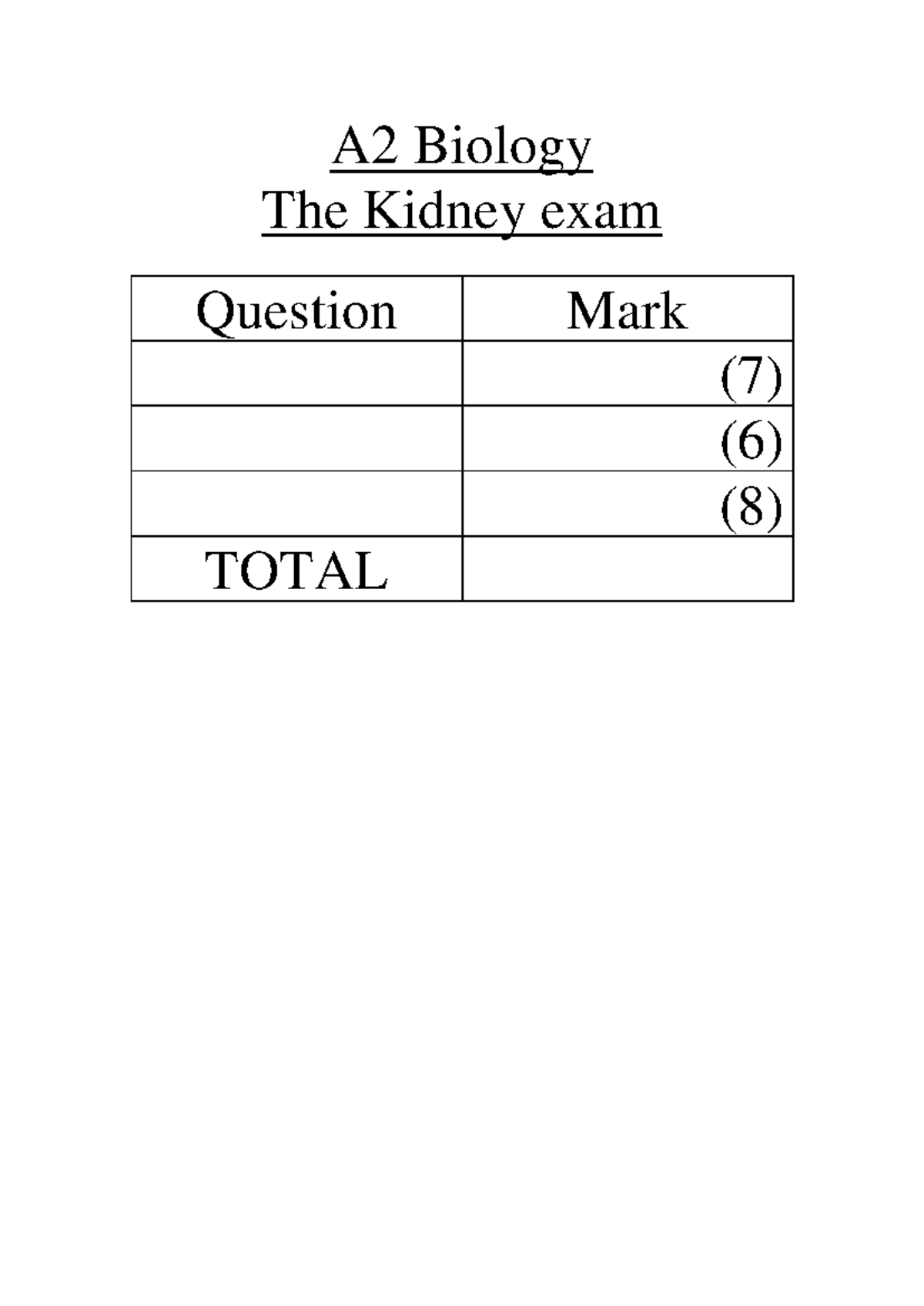 Kidney exam2 - A2 Biology The Kidney exam Question Mark (7) (6) (8 ...