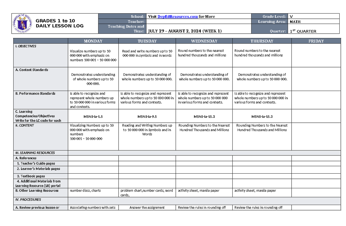 DLL MATH 5 Q1 W1 - SELF LEARNING MODULE - GRADES 1 to 10 DAILY LESSON ...