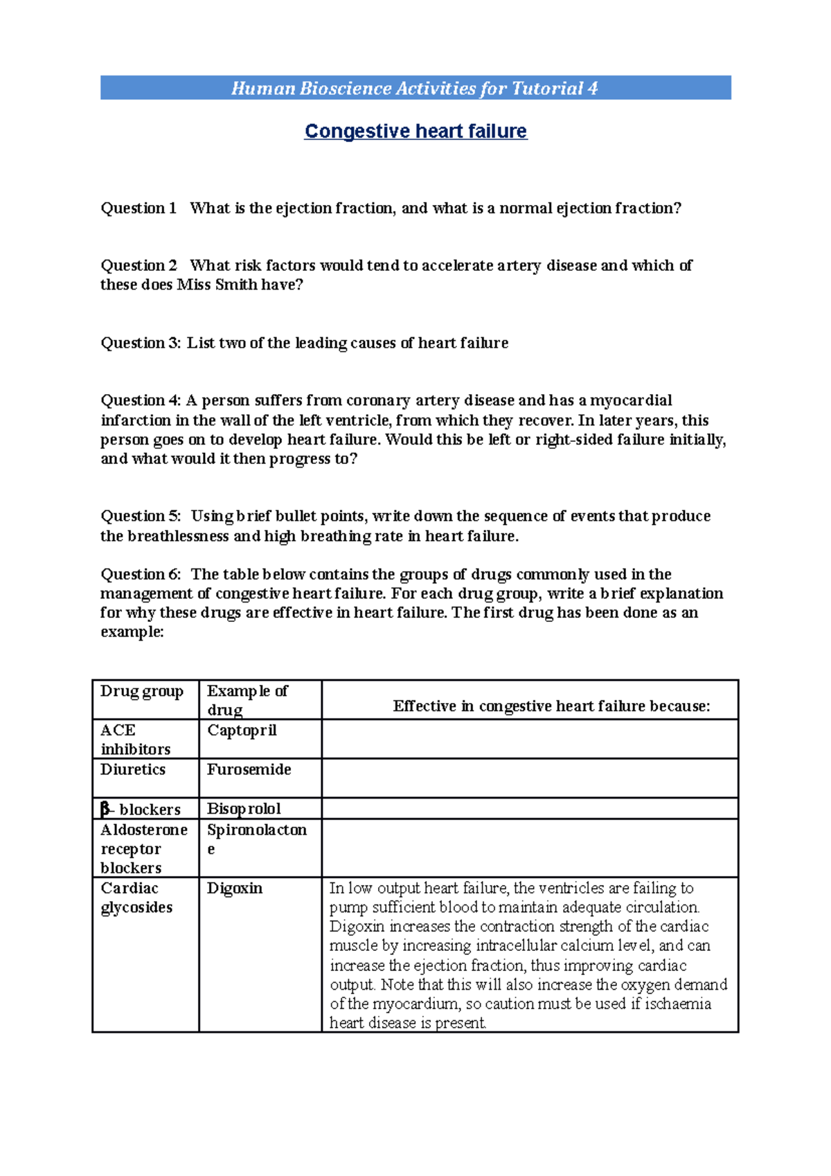 HUB Tutorial 4 - Human Bioscience Activities for Tutorial 4 Congestive ...
