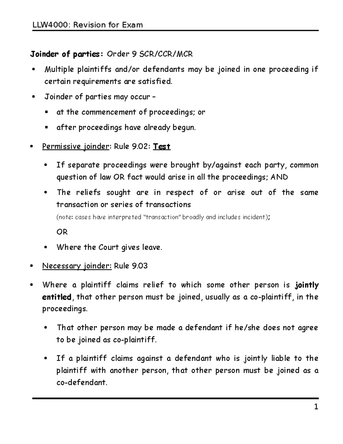 CP - Exam revision Notes - Joinder of parties: Order 9 SCR/CCR/MCR ...