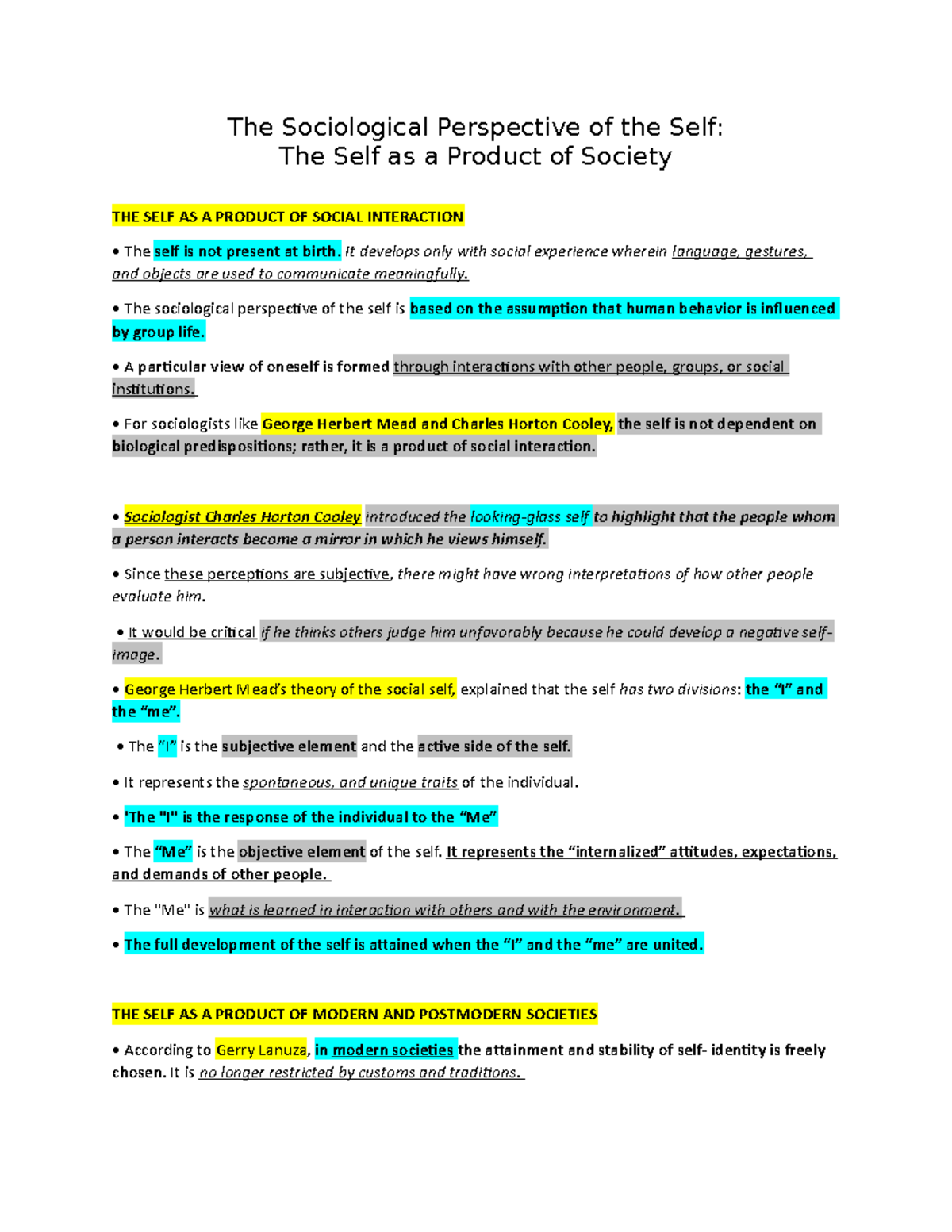 The Sociological Perspective of the Self - It develops only with social ...