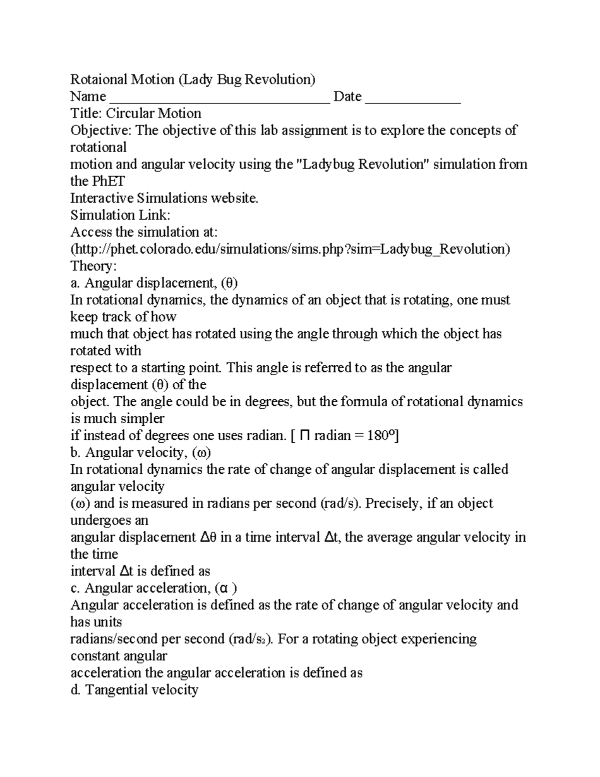 Lab 5 - Rotaional Motion (Lady Bug Revolution) Name ______________________________ Date - Studocu