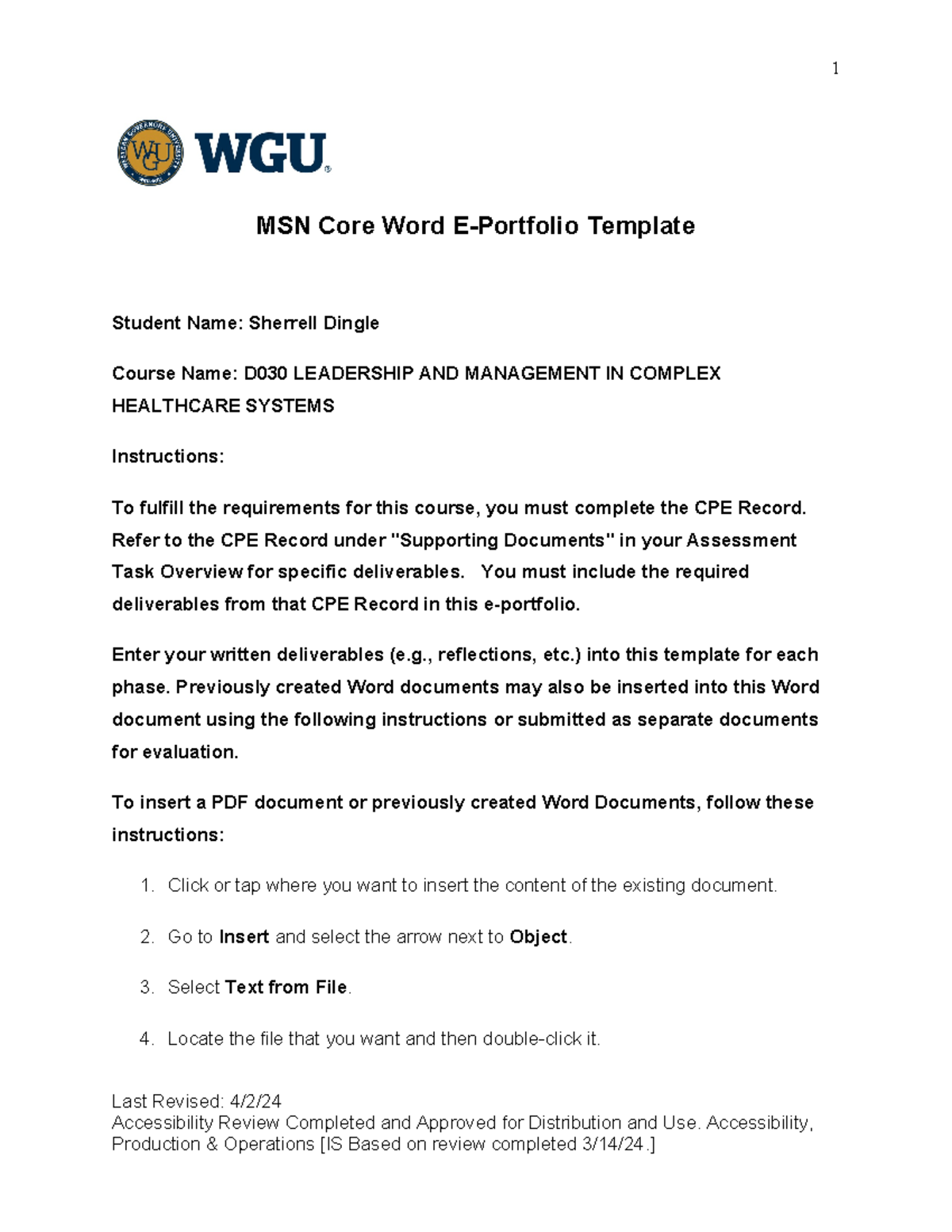 D030 Task 1 - E-PORTFOLIO - MSN Core Word E-Portfolio Template Student ...