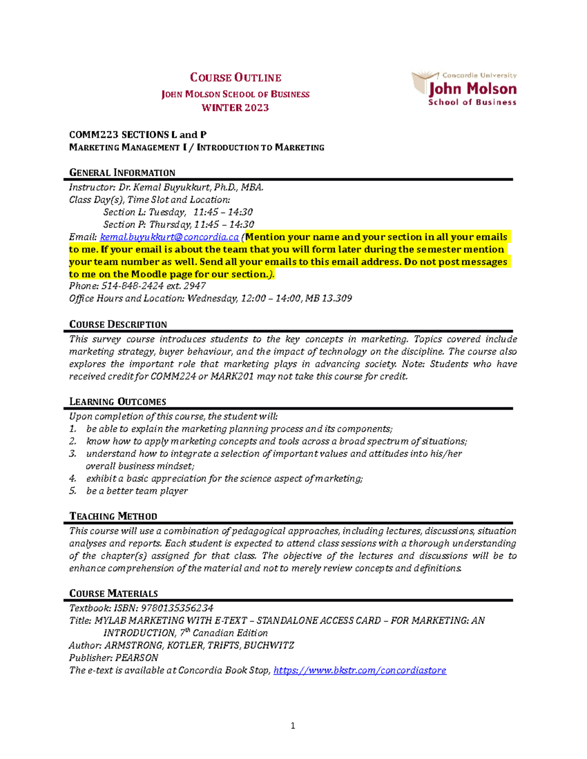 223 outline - COURSE OUTLINE JOHN MOLSON SCHOOL OF BUSINESS WINTER 2023 ...