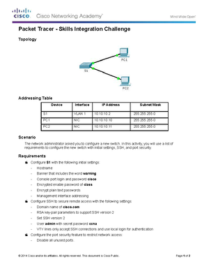 5.2.1.4 Packet Tracer DOC - Packet Tracer - Configuring SSH Topology Addressing Table Device ...