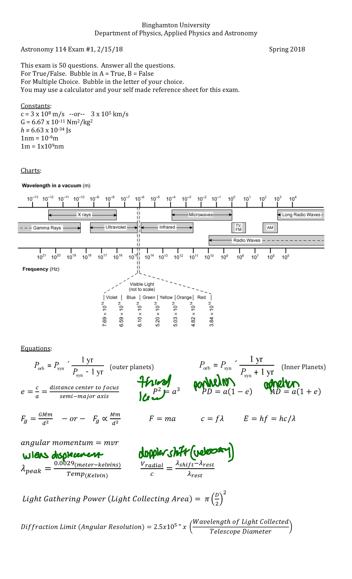 ASTR 114 Exam 1 S18 Version A - Binghamton University Department of Physics, Applied Physics and ...