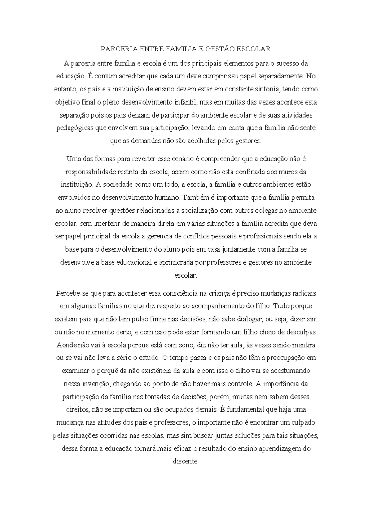 Parceria Entre Familia E Gestão Escolar - PARCERIA ENTRE FAMILIA E ...