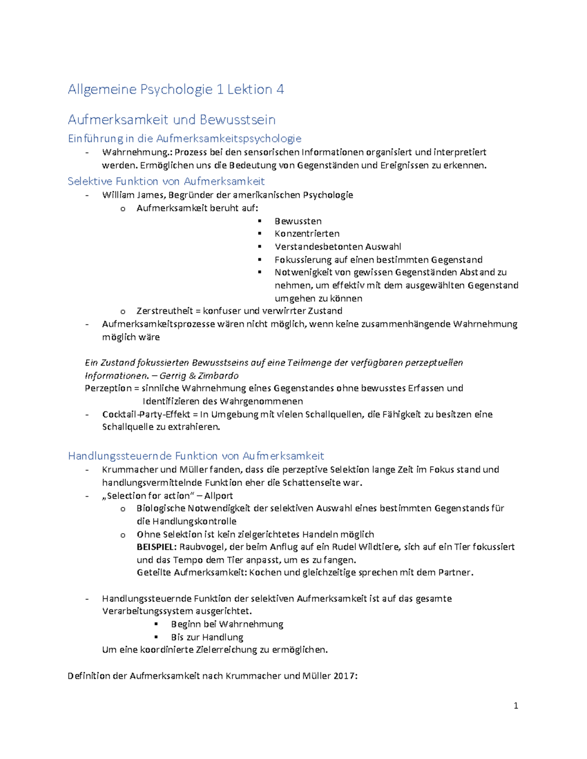 Allgemeine Psychologie 1 Lektion 4 - Allgemeine Psychologie 1 Lektion 4 Aufmerksamkeit und - Studocu