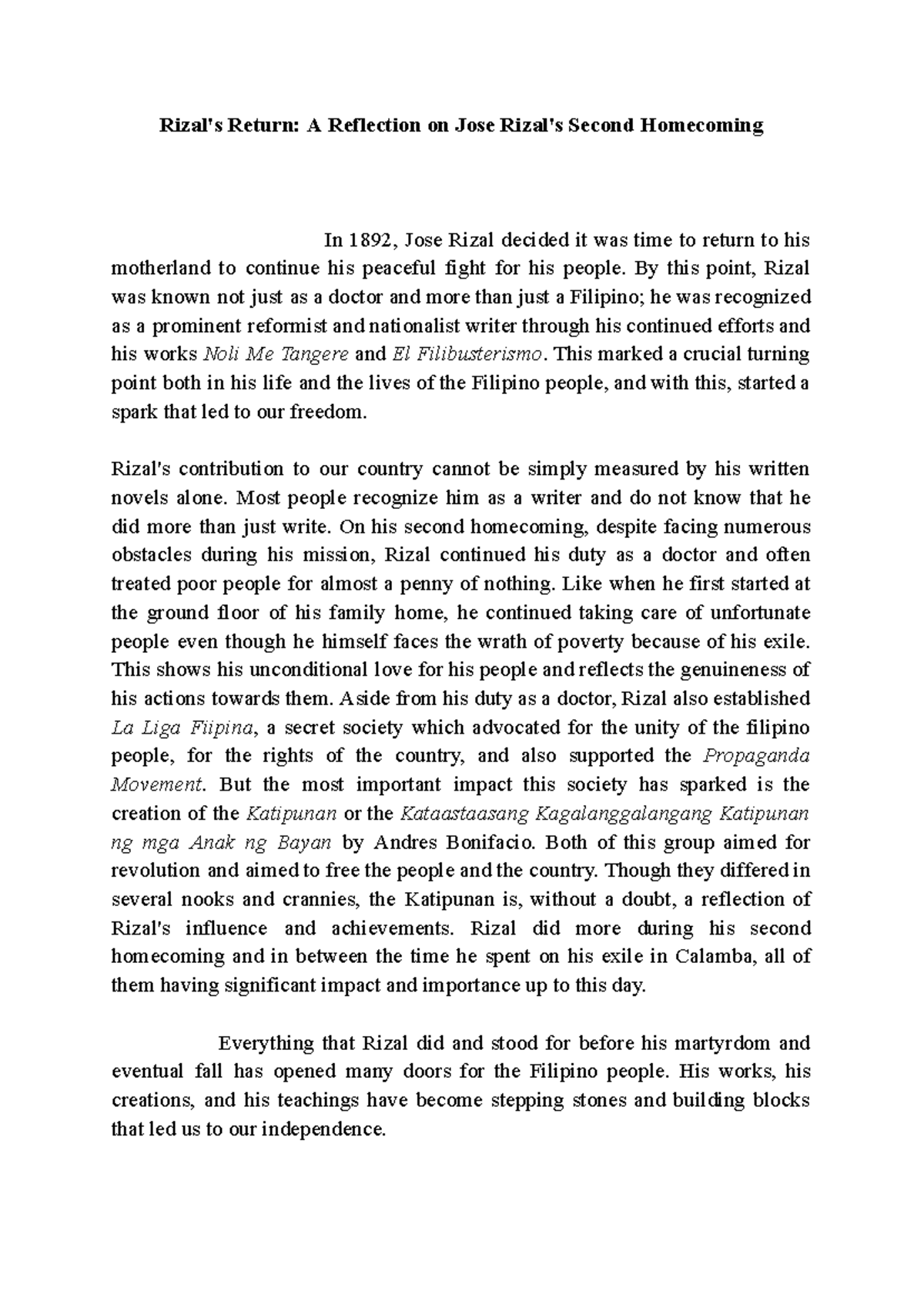 Rizal's Return A Reflection on Jose Rizal's Second Homecoming 1 - By ...