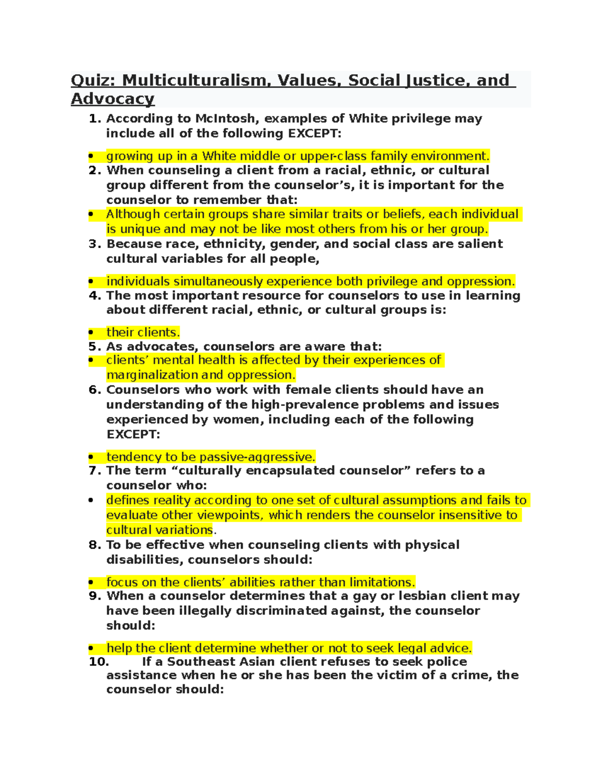 Quiz Multiculturalism, Values, Social Justice, and Advocacy - Quiz ...
