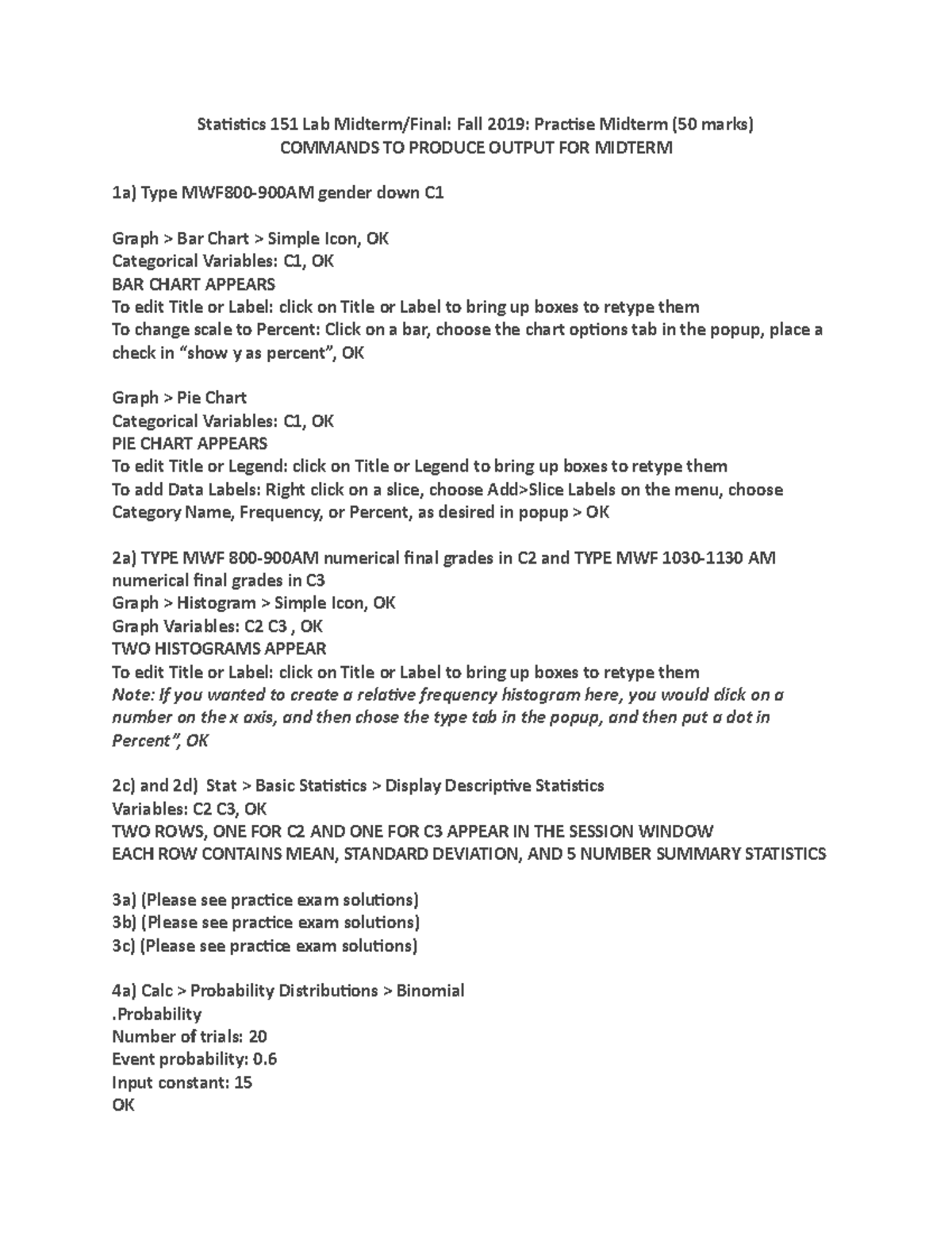 Statistics 151 Lab Midterm Practise Commands V7 Statistics 151 Lab Midterm Final Fall 2019
