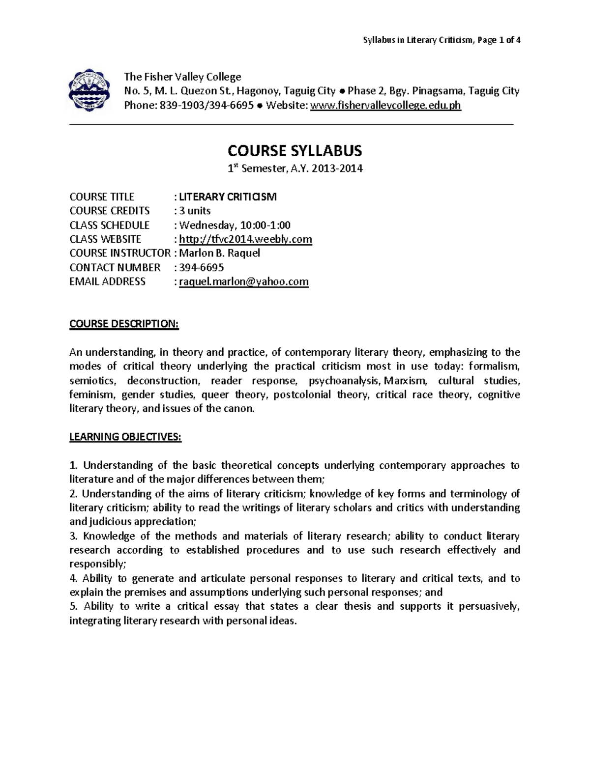 Pdfcoffee - Literary Criticism Syllabus - The Fisher Valley College No. 5, M. L. Quezon St ...