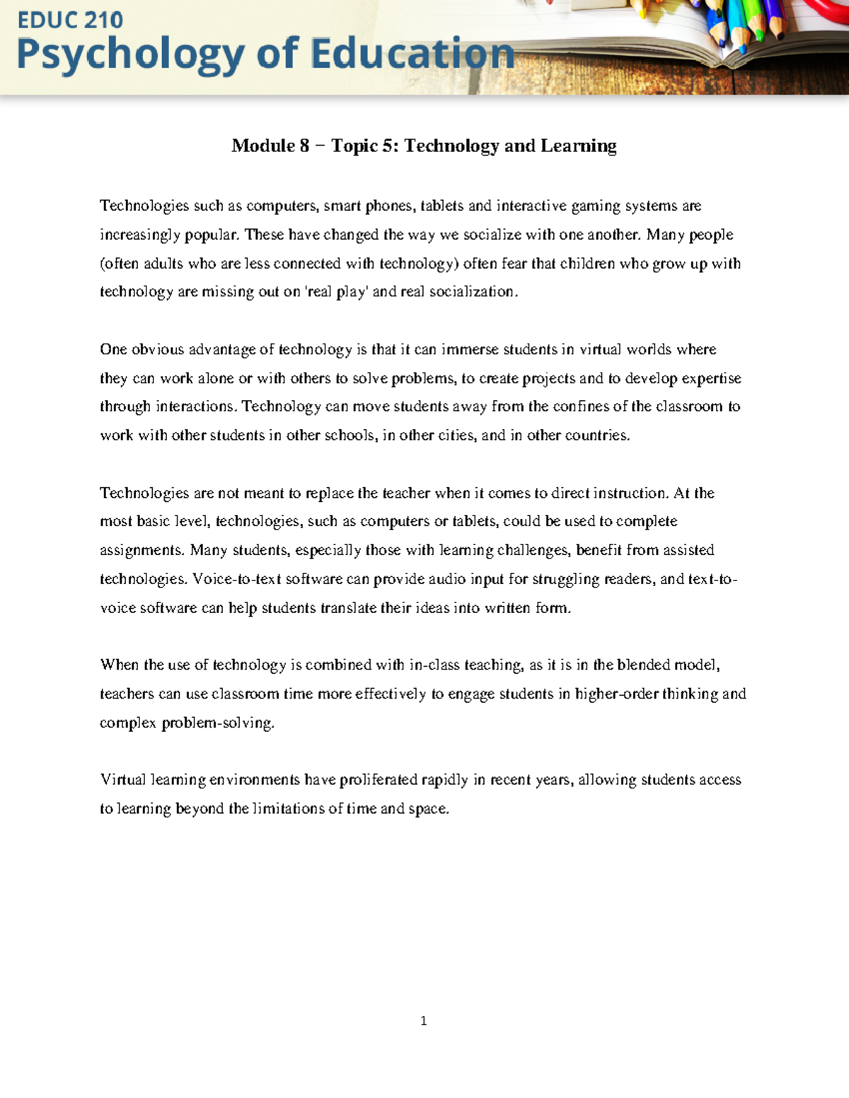 Module 8 - Topic 5 - 2. Technology and Learning - 1 Module 8 − Topic 5: Technology and Learning ...