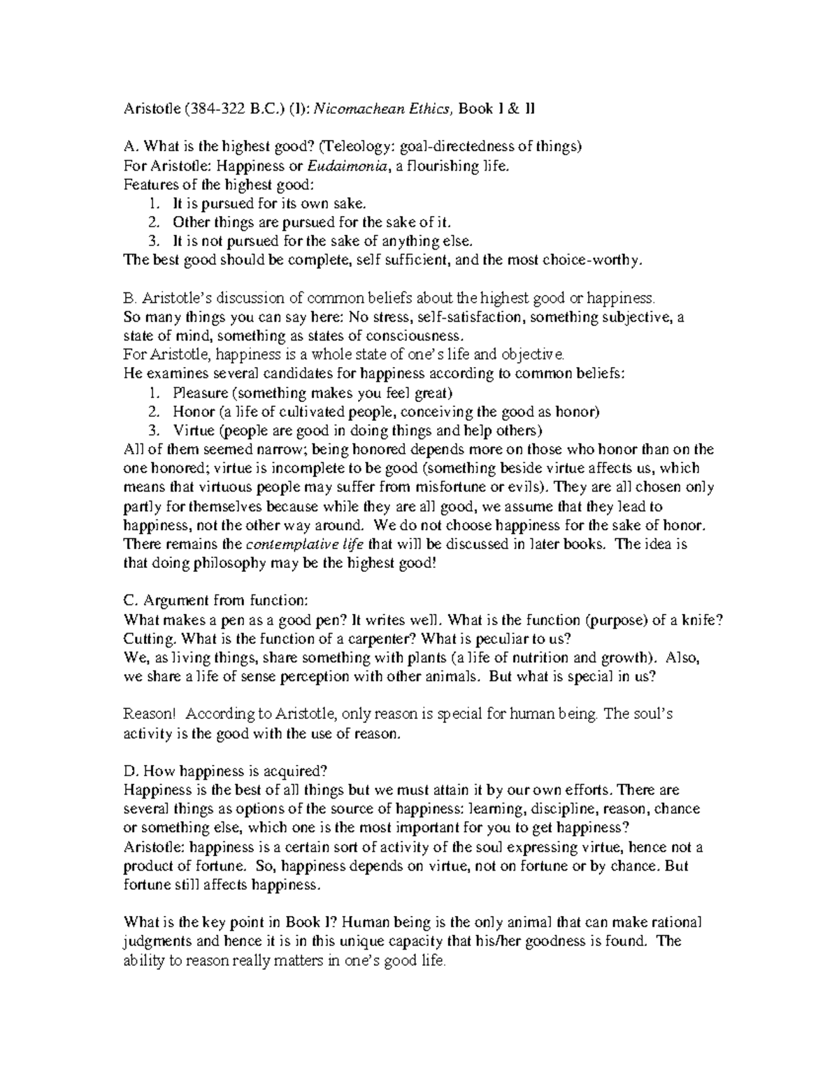 Note Aristotle - notes - Aristotle (384-322 B.) (I): Nicomachean Ethics ...