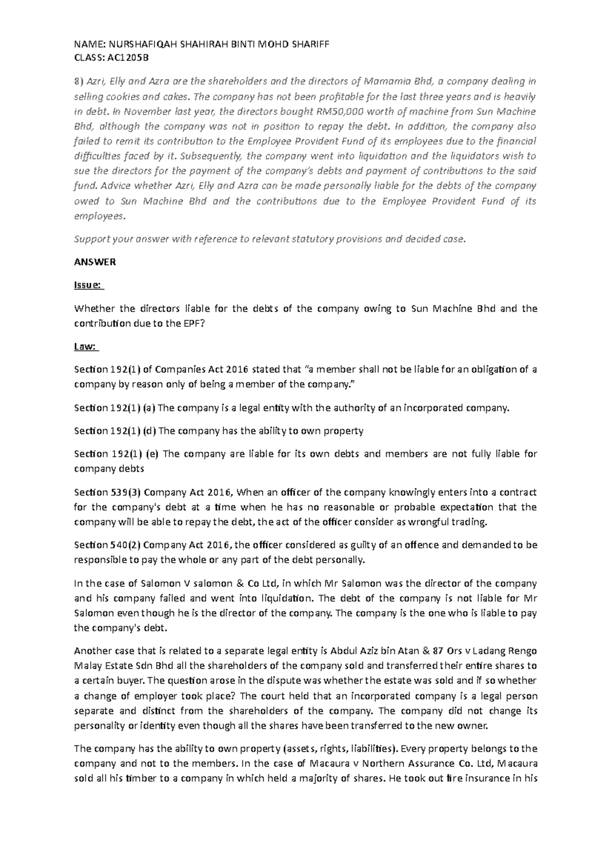 Tutorial LAW346 Question NO.8 PAGE 120 - NAME: NURSHAFIQAH SHAHIRAH BINTI MOHD SHARIFF CLASS ...
