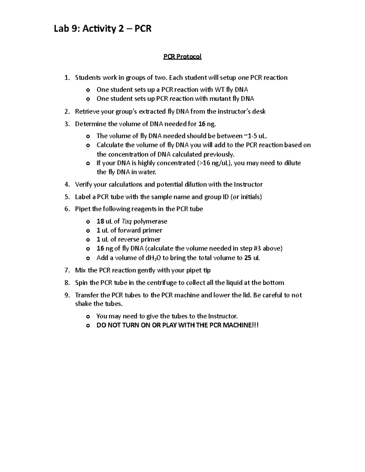 Lab 9 - Activity 2 - PCR - TA Erin - Lab 9: Activity 2 – PCR PCR ...