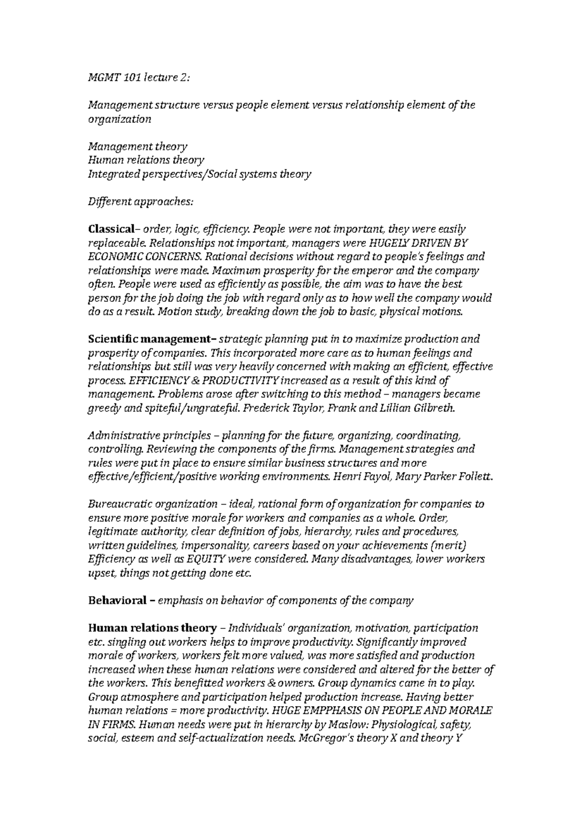 MGMT 101 lecture 2 - MGMT 101 lecture 2: Management structure versus ...