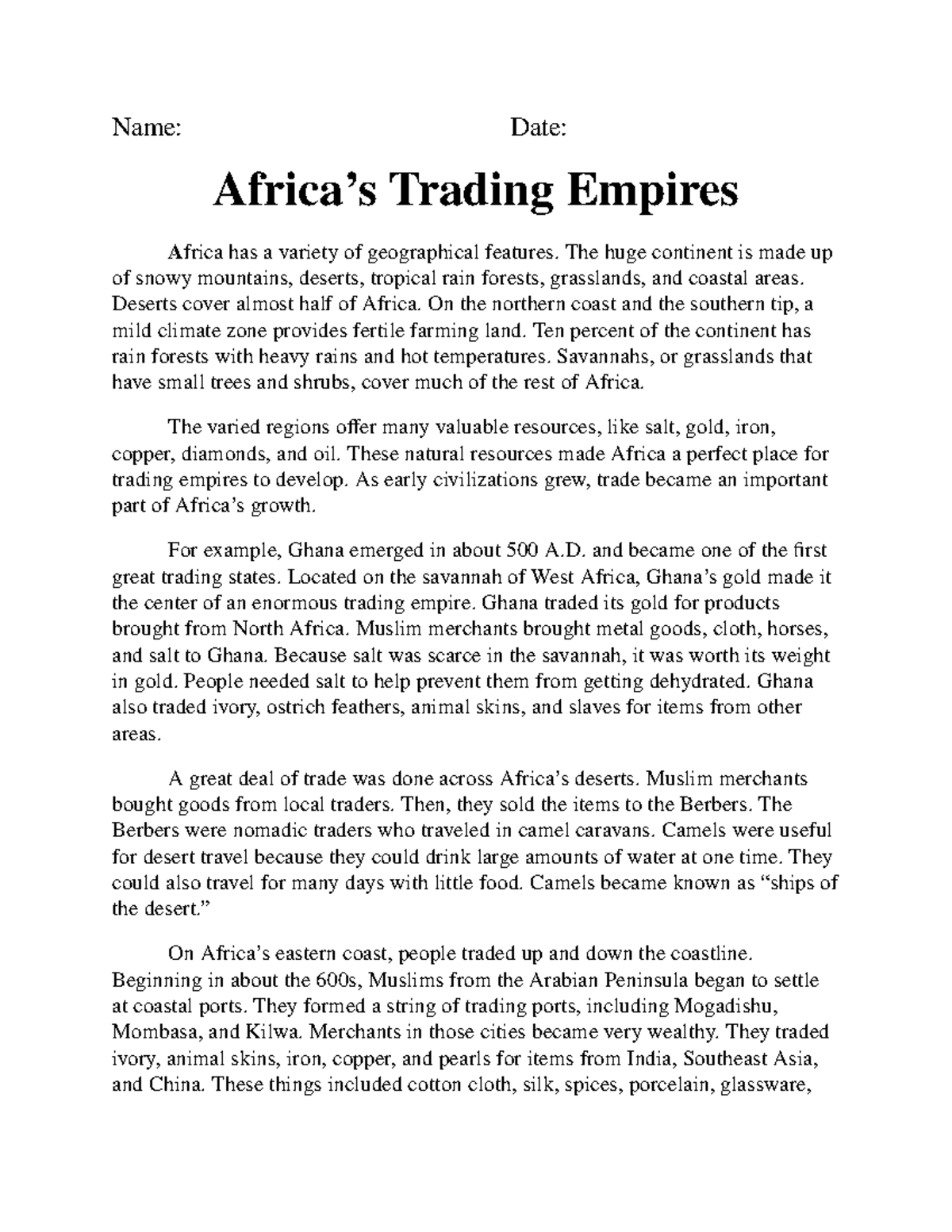 Africas Trading Empire - Name: Date: Africa’s Trading Empires Africa ...