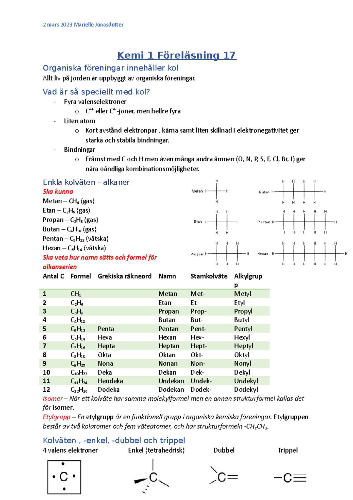 Kemi1-föreläsning 17-02032023 - Kemi 1 Föreläsning 17 Organiska föreningar innehåller kol Allt ...