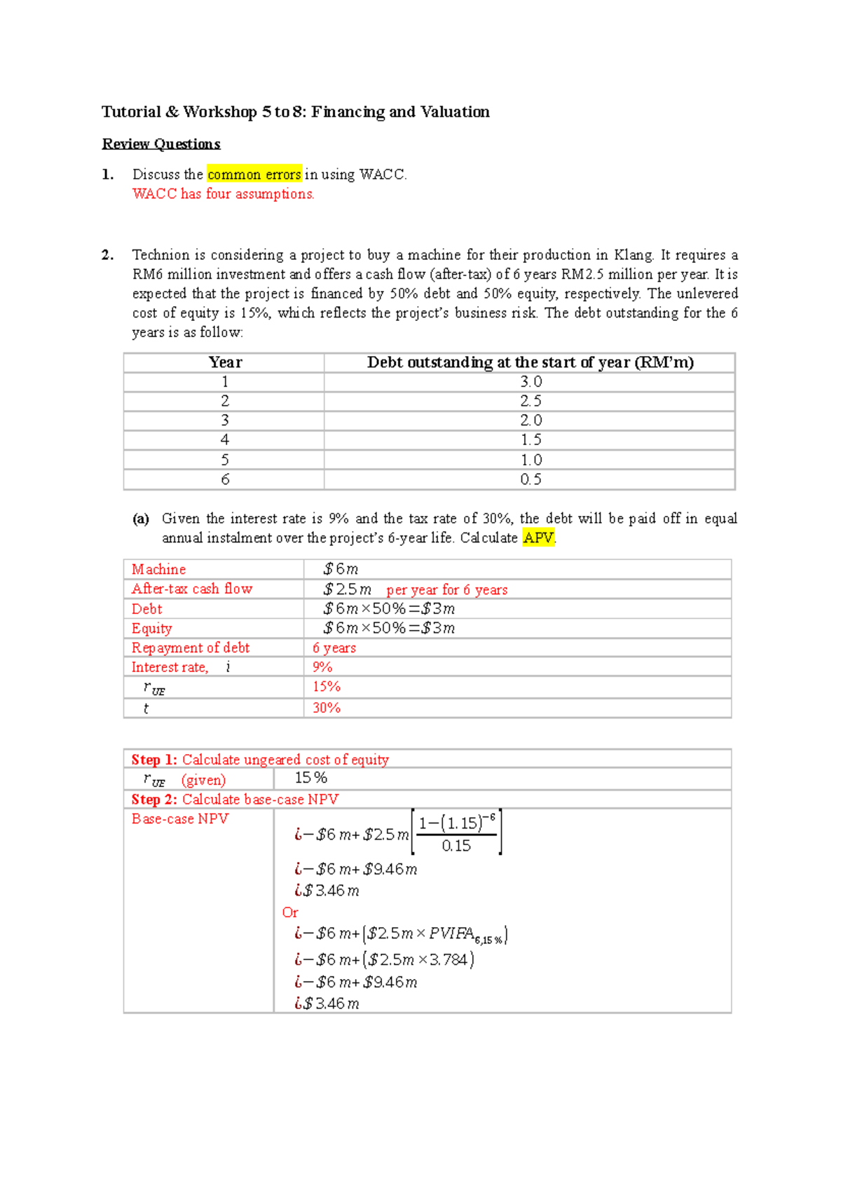Corporate Finance Tutorial & Workshop 5-8 - Tutorial & Workshop 5 to 8 ...